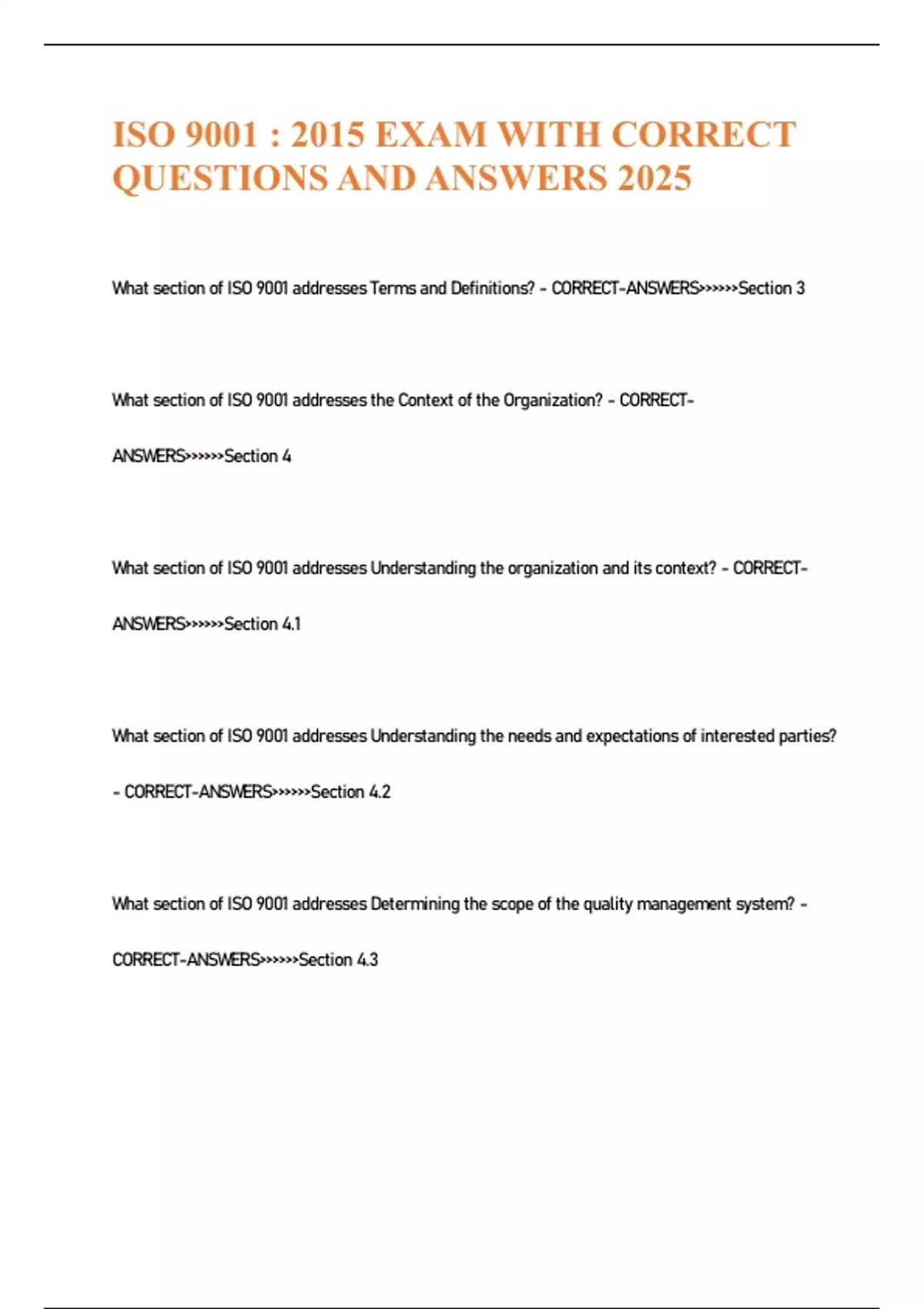 ISO 9001 : 2015 EXAM WITH CORRECT QUESTIONS AND ANSWERS 2025 - ISO ...