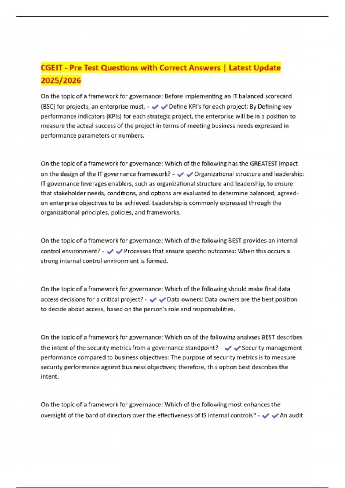 CGEIT - Pre Test Questions with Correct Answers | Latest Update 2025/ ...