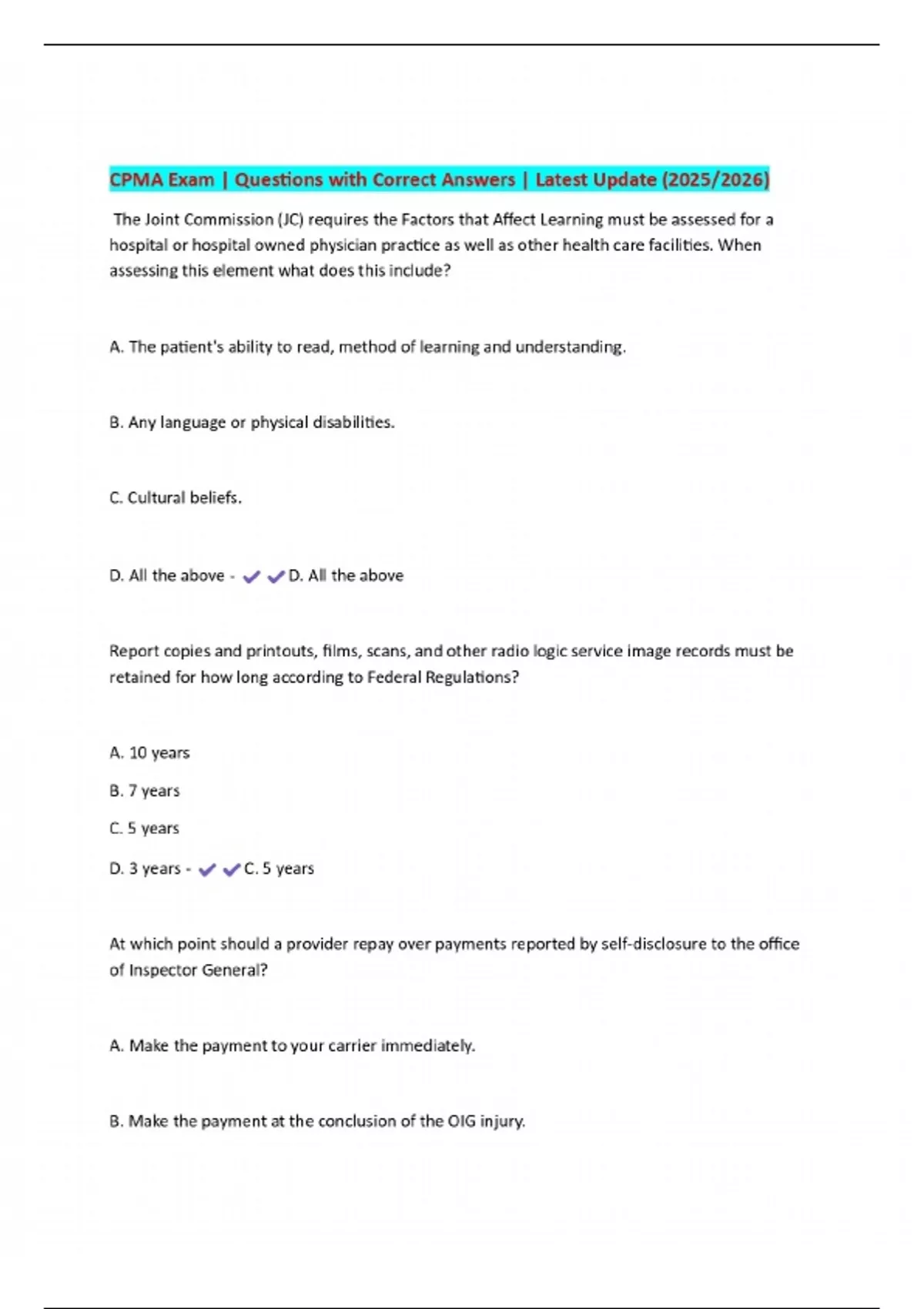 CPMA Exam | Questions with Correct Answers | Latest Update (2025/2026 ...