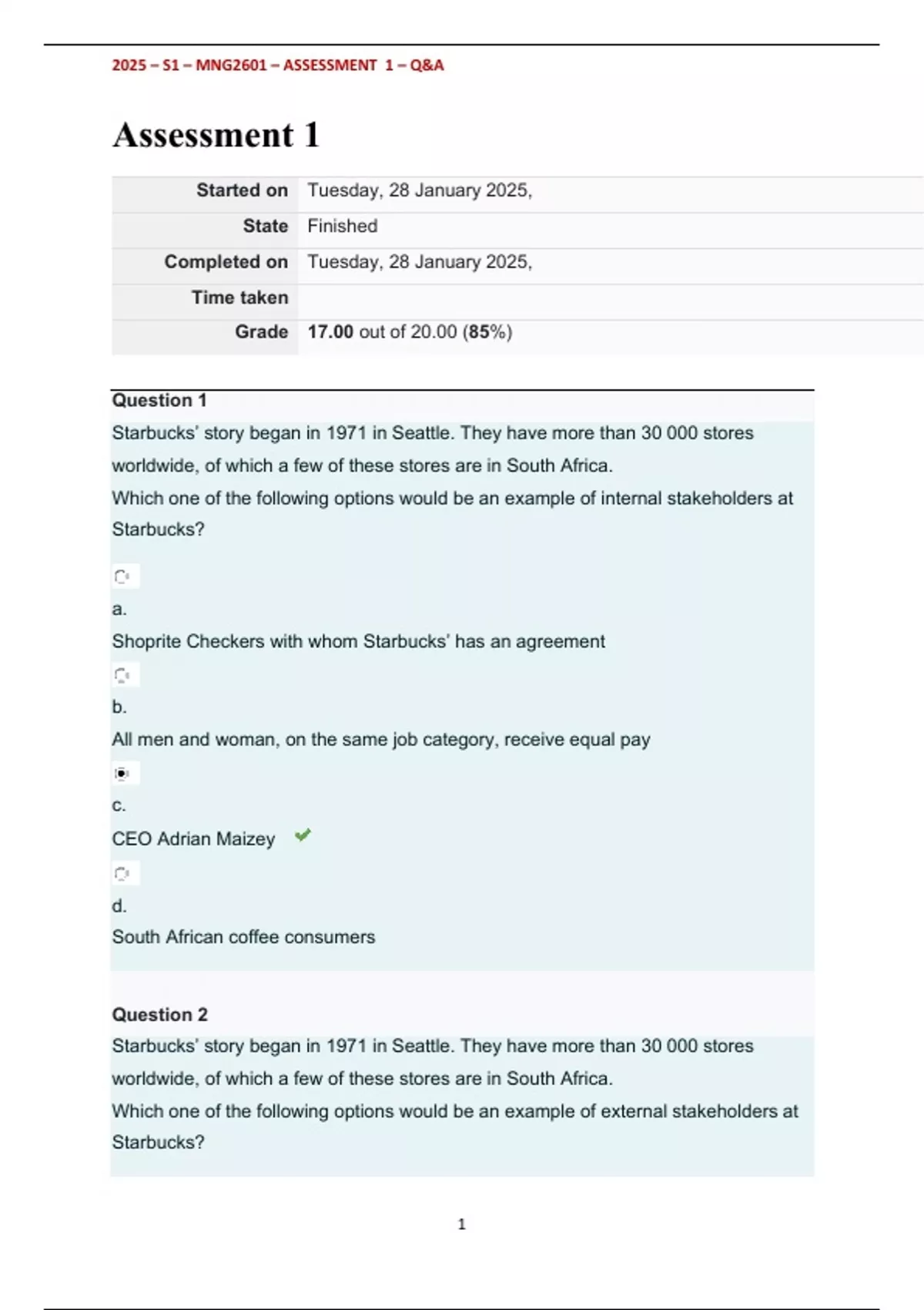 2025 - MNG2601 - ASSESSMENT 1 - QUESTIONS AND ANSWERS - SEMESTER 2 - General Management (MNG2601 ...