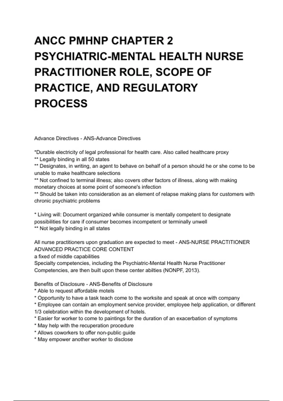 ANCC PMHNP CHAPTER 2 PSYCHIATRIC-MENTAL HEALTH NURSE PRACTITIONER ROLE ...