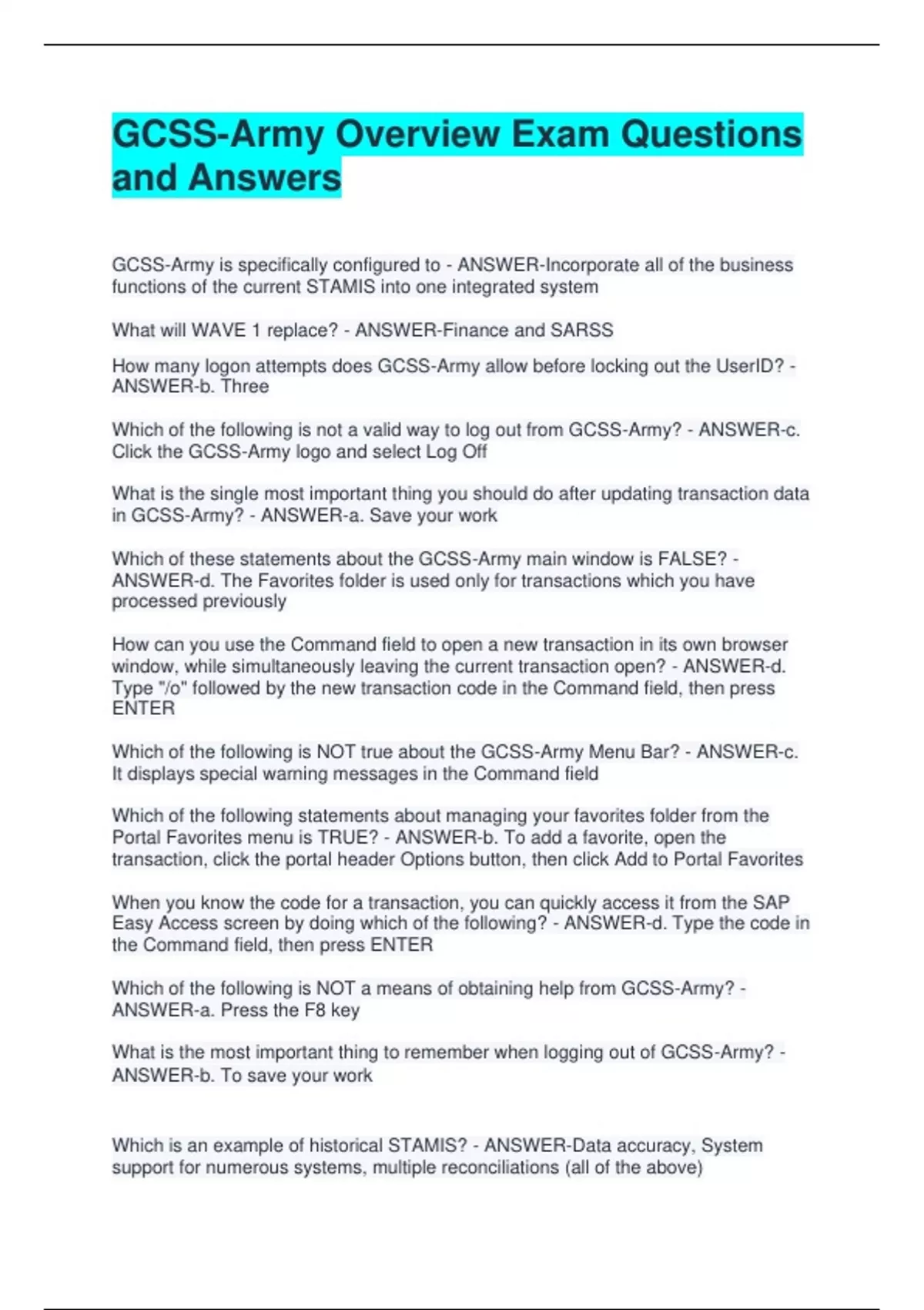 Gcss Army Overview Exam Questions And Answers Army Stuvia Us