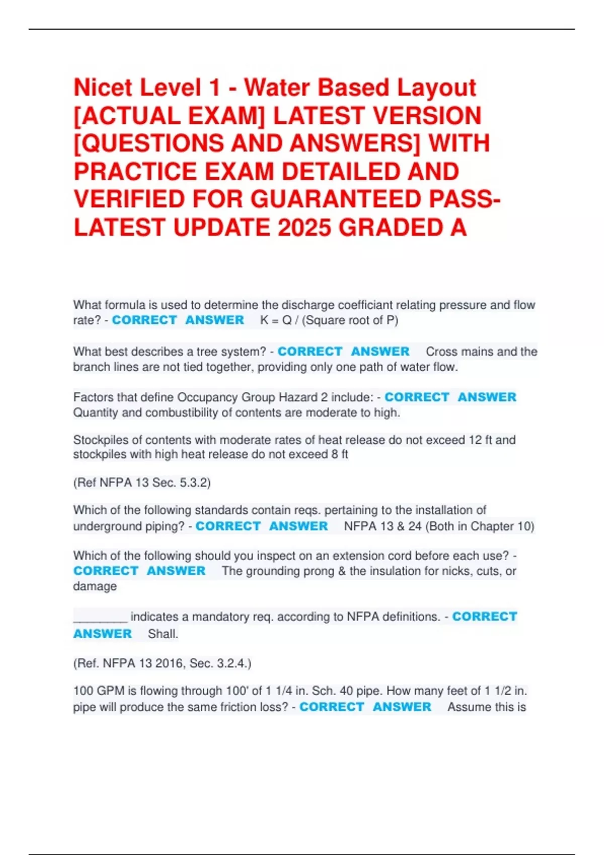 Nicet Level 1 - Water Based Layout [ACTUAL EXAM] LATEST VERSION ...