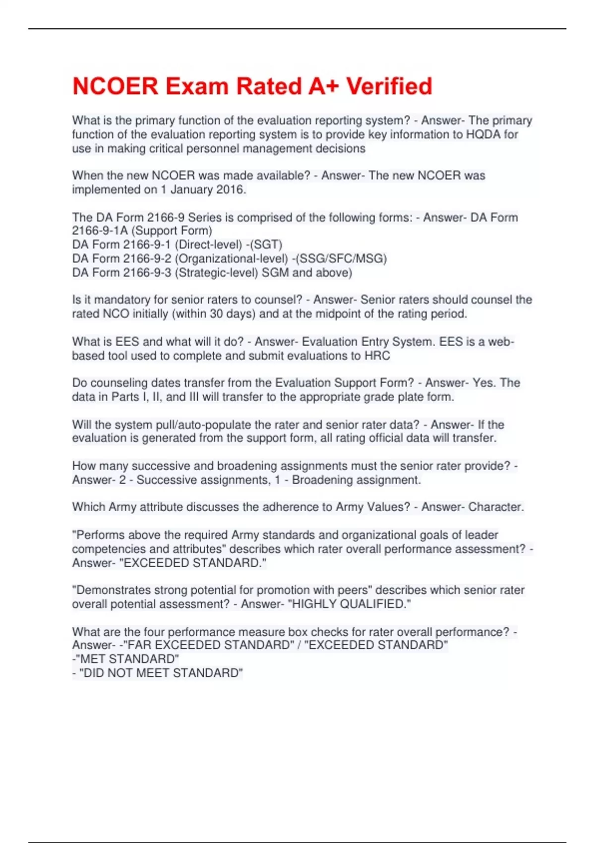 NCOER Exam Rated A+ Verified - NCOER - Stuvia US