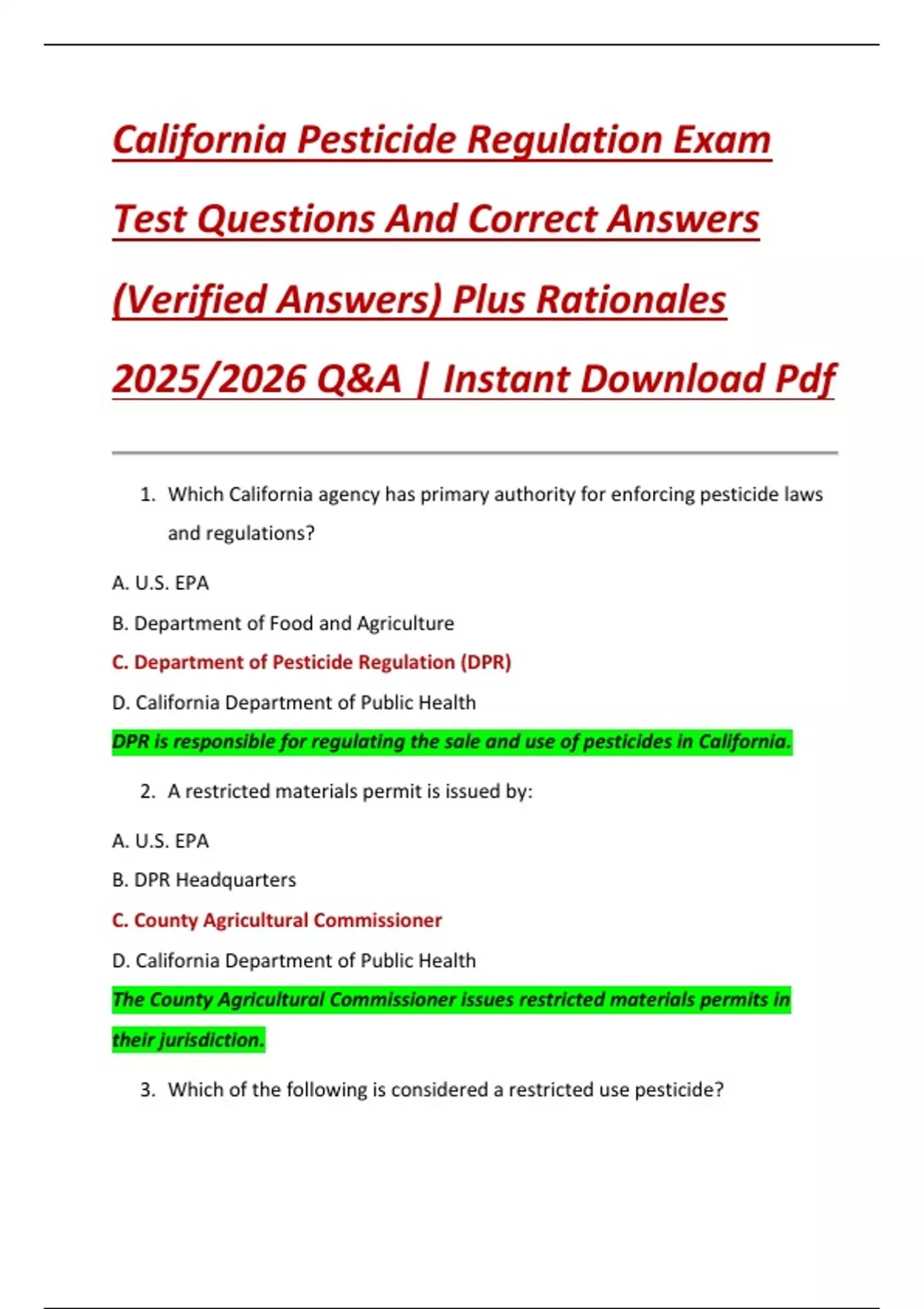 California Pesticide Regulation Exam Test Questions And Correct Answers ...