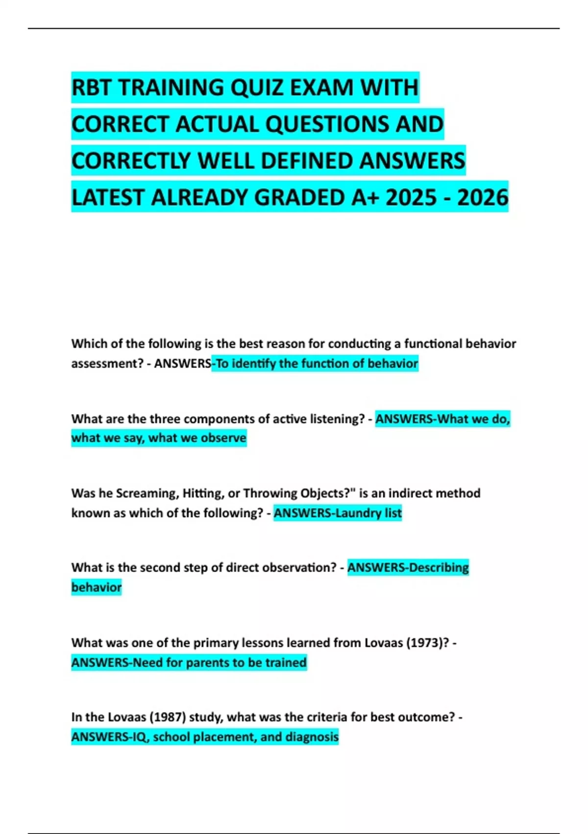 RBT TRAINING QUIZ EXAM WITH CORRECT ACTUAL QUESTIONS AND CORRECTLY WELL ...