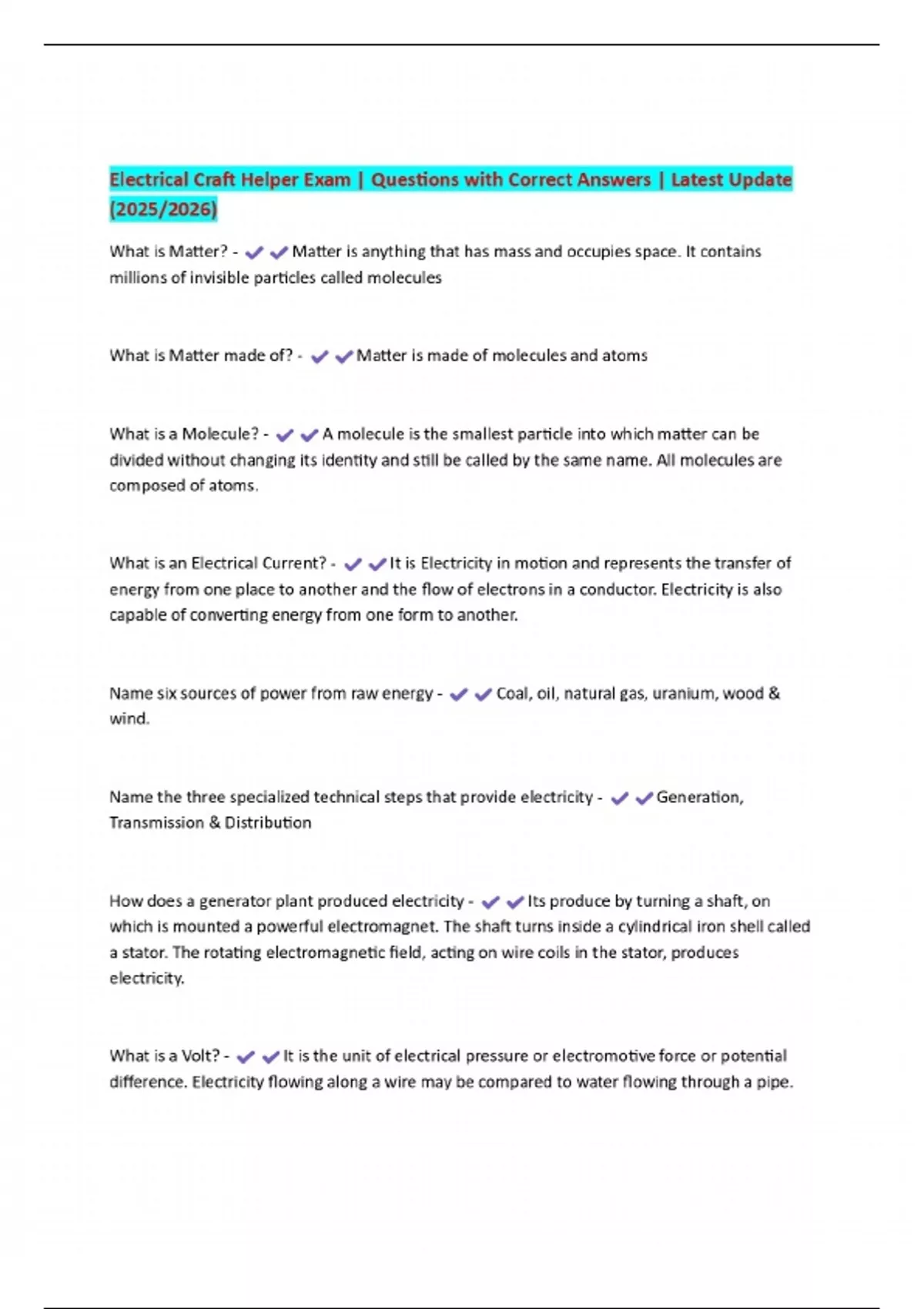 Electrical Craft Helper Exam | Questions with Correct Answers | Latest ...