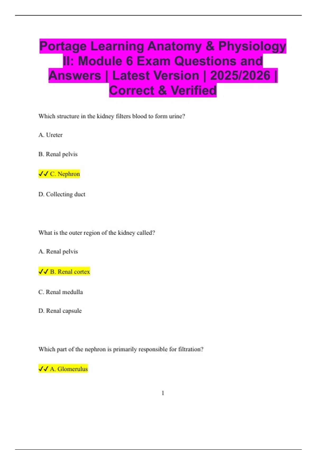 Portage Learning Anatomy & Physiology II: Module 6 Exam Questions and ...