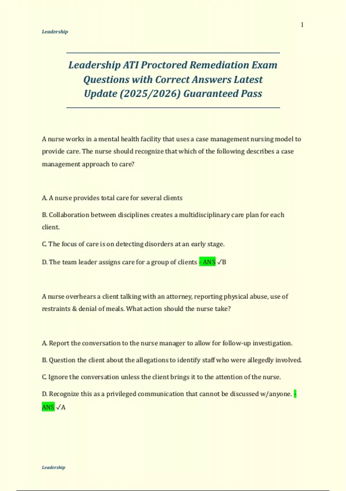 Leadership ATI Proctored Remediation Exam Questions with Correct ...