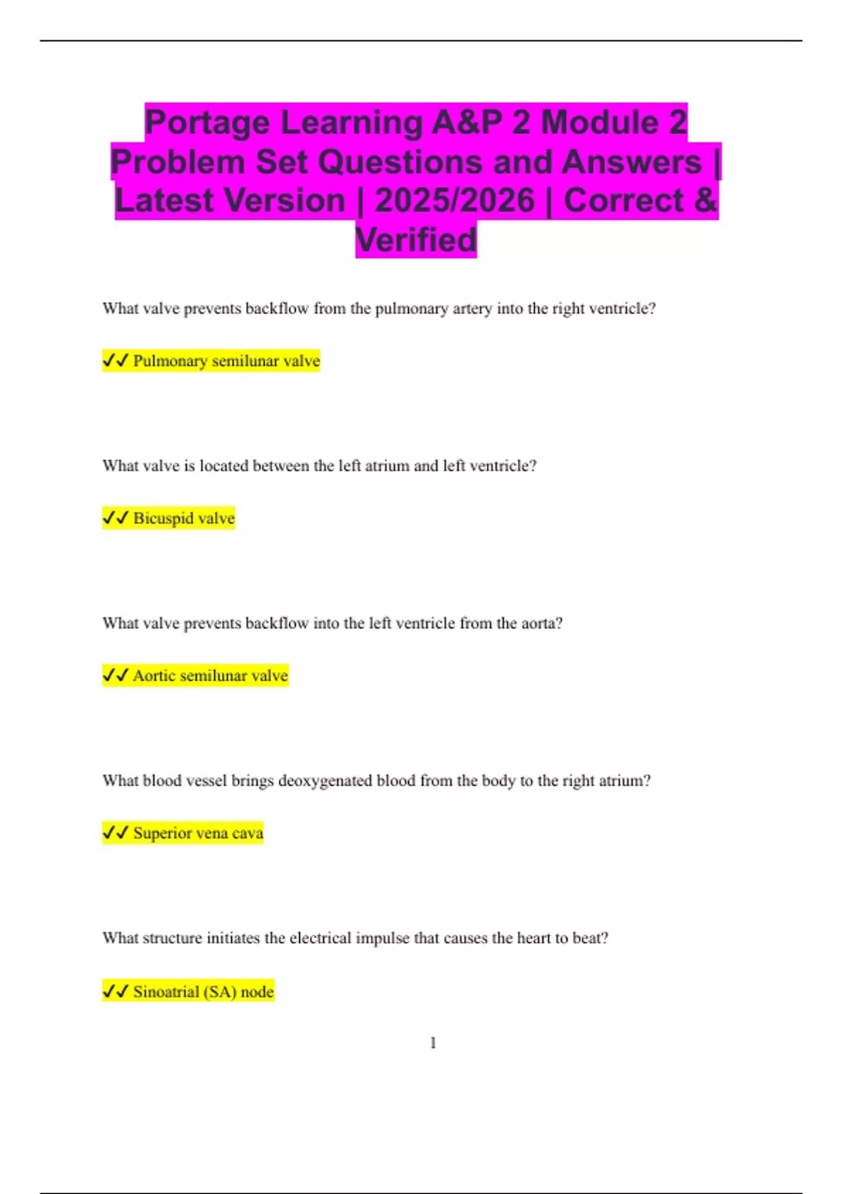 Portage Learning A&P 2 Module 2 Problem Set Questions and Answers ...