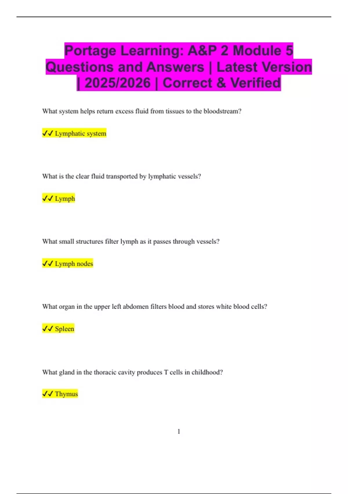 Portage Learning: A&P 2 Module 5 Questions and Answers | Latest Version ...