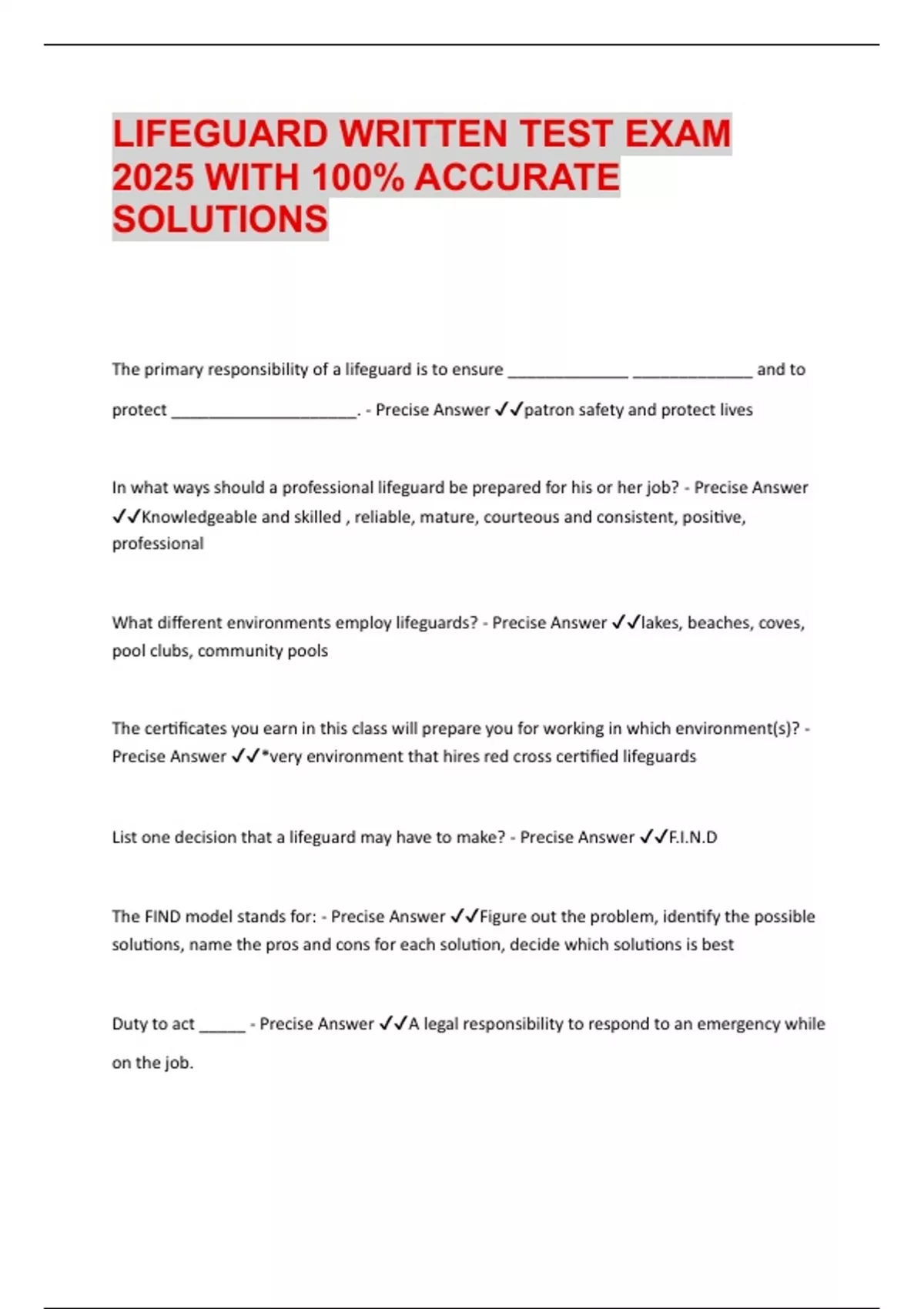 LIFEGUARD WRITTEN TEST EXAM 2025 WITH 100% ACCURATE SOLUTIONS ...