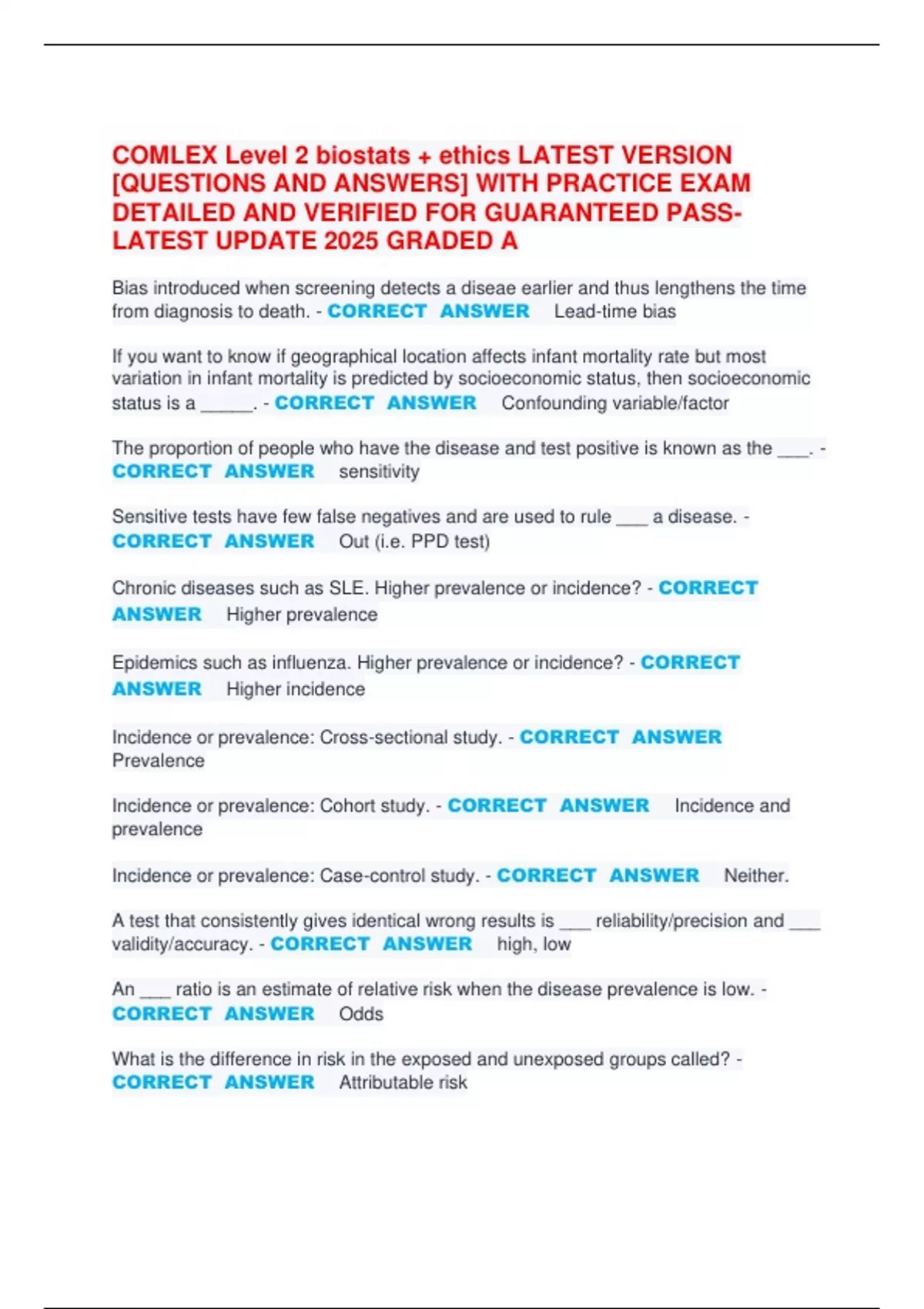 COMLEX Level 2 biostats + ethics LATEST VERSION [QUESTIONS AND ANSWERS ...