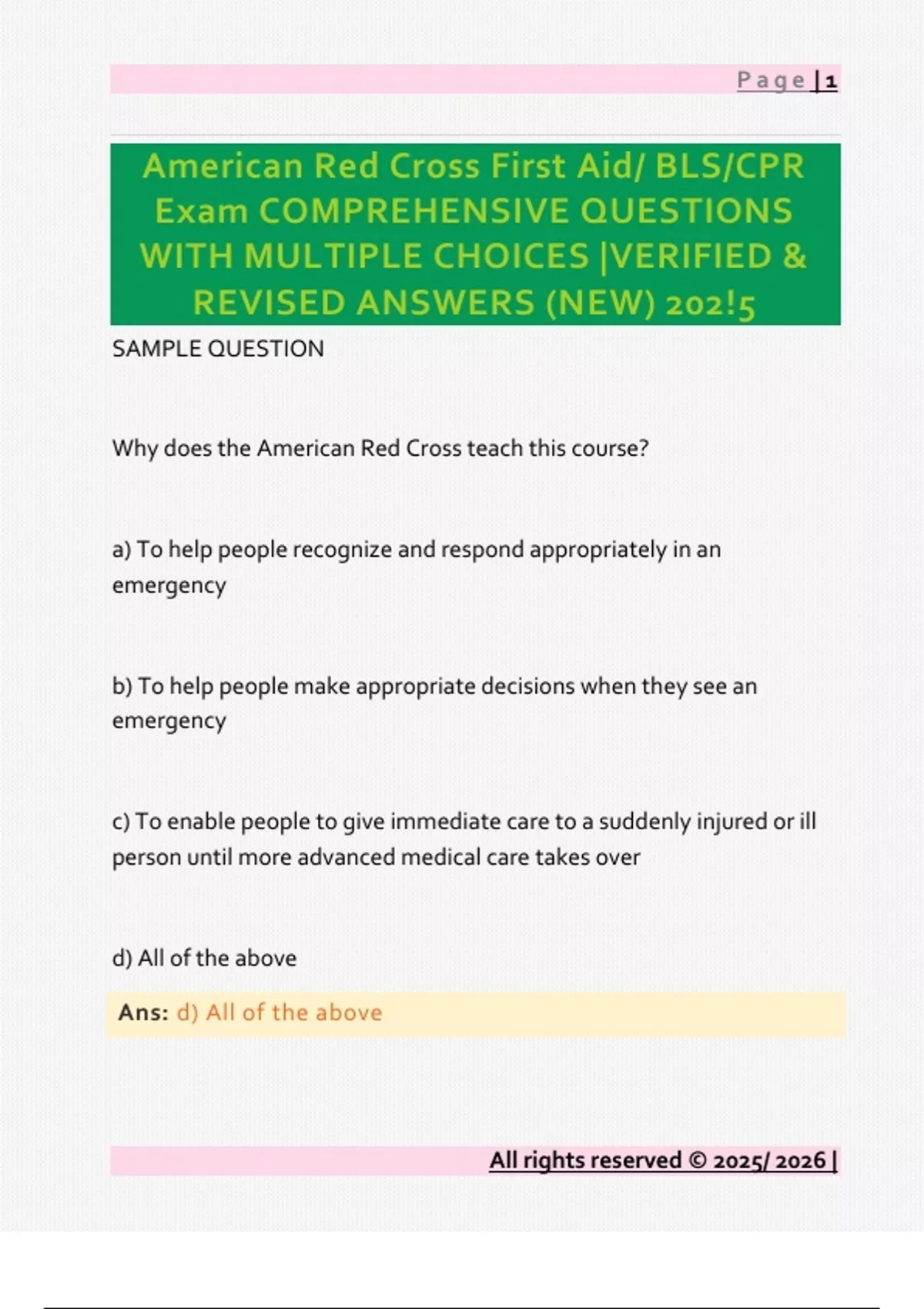 American Red Cross First Aid/ BLS/CPR Exam COMPREHENSIVE QUESTIONS WITH ...