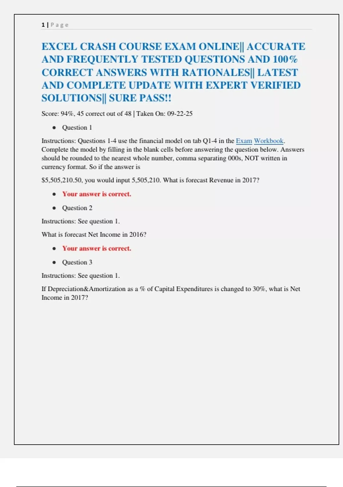 EXCEL CRASH COURSE EXAM ONLINE|| ACCURATE AND FREQUENTLY TESTED ...