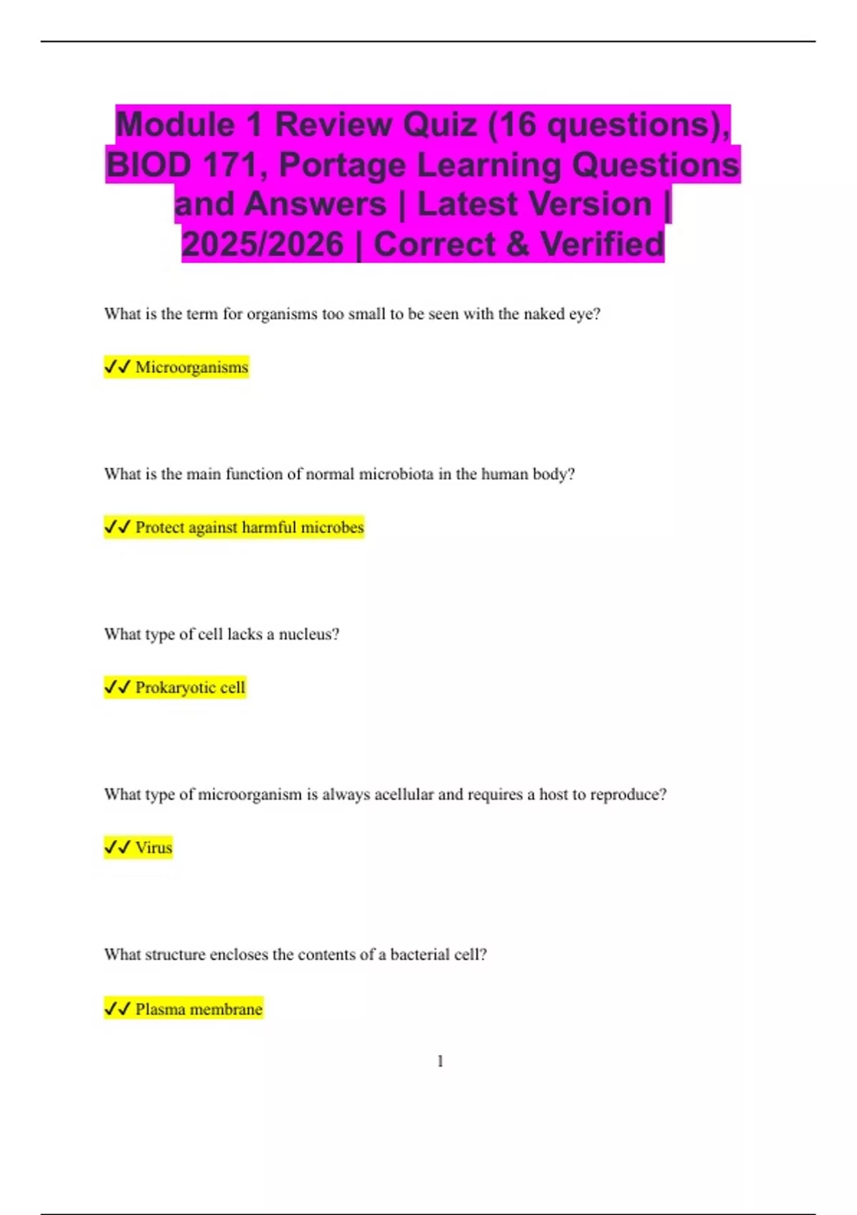 Module 1 Review Quiz (16 questions), BIOD 171, Portage Learning ...