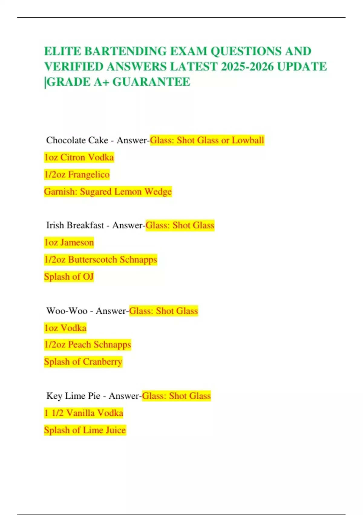 ELITE BARTENDING EXAM QUESTIONS AND VERIFIED ANSWERS LATEST UPDATE ...