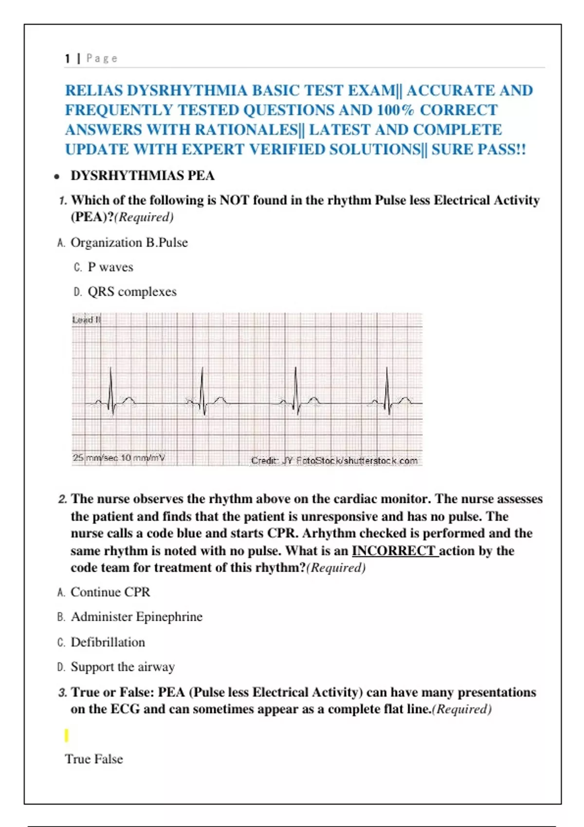 RELIAS DYSRHYTHMIA BASIC EXAM || ACCURATE AND FREQUENTLY TESTED ...