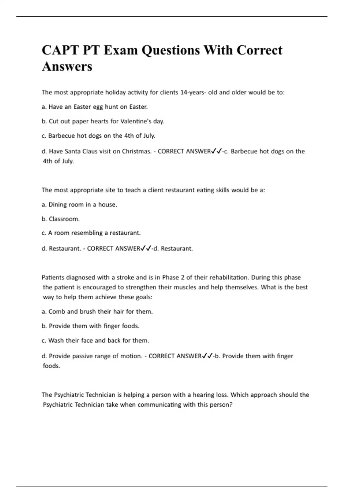 CAPT PT Exam Questions With Correct Answers - CAPT - Stuvia US