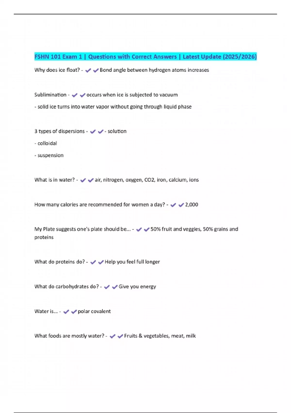 FSHN 101 Exam 1 | Questions with Correct Answers | Latest Update (2025/ ...