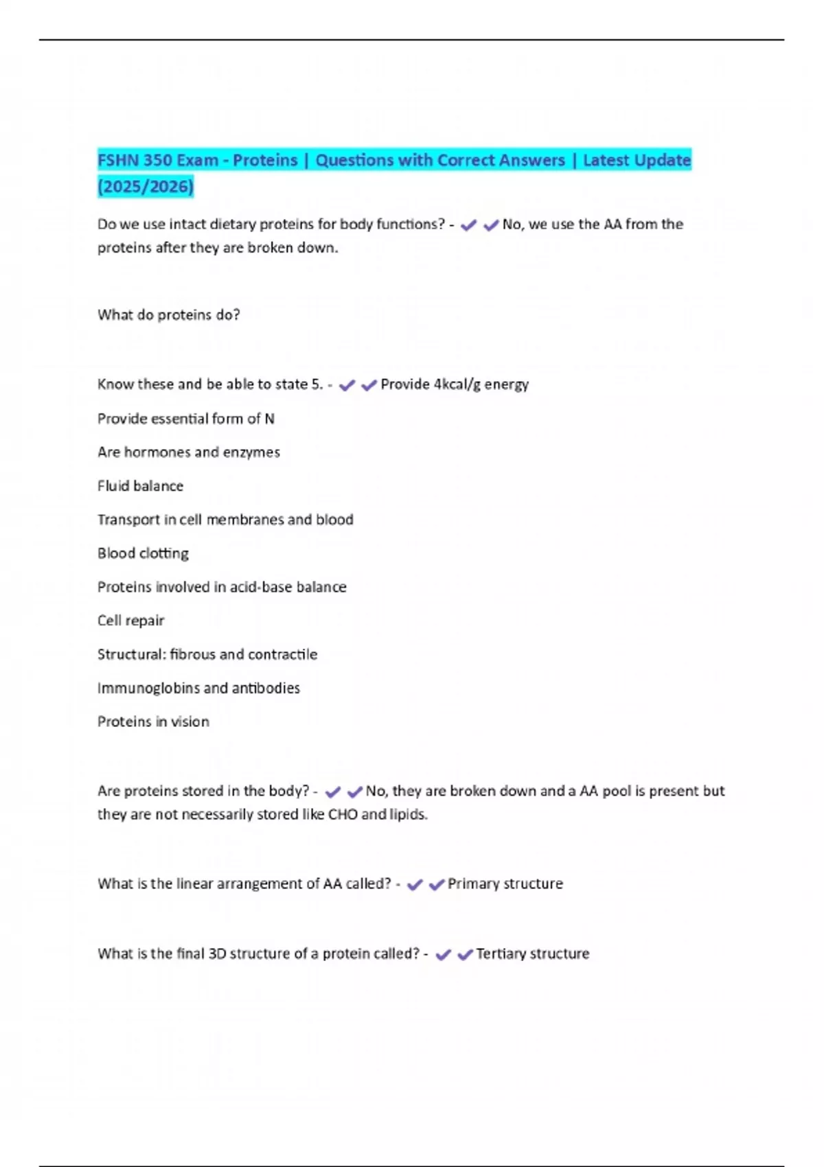 FSHN 350 Exam - Proteins | Questions with Correct Answers | Latest ...