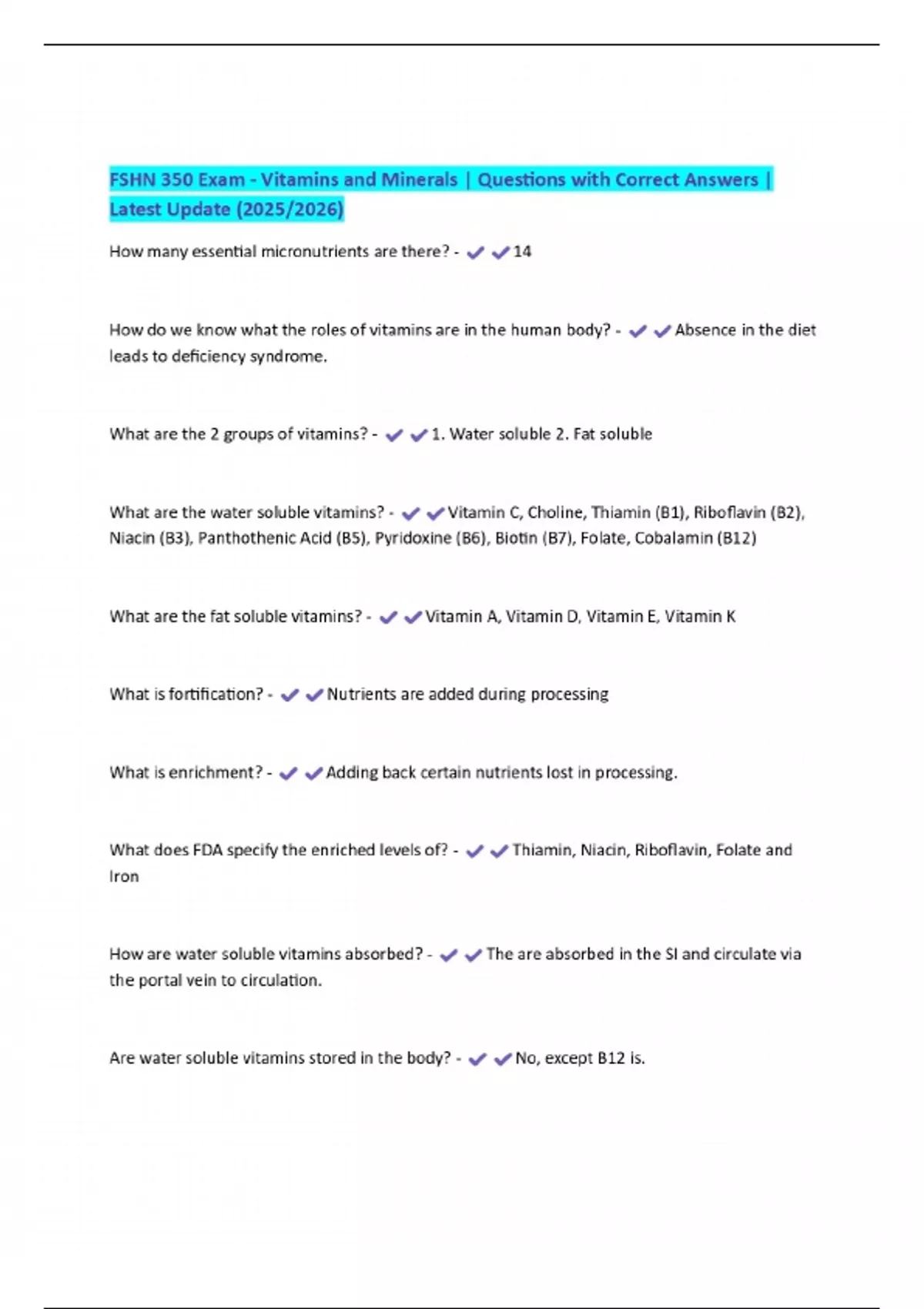 FSHN 350 Exam - Vitamins and Minerals | Questions with Correct Answers ...