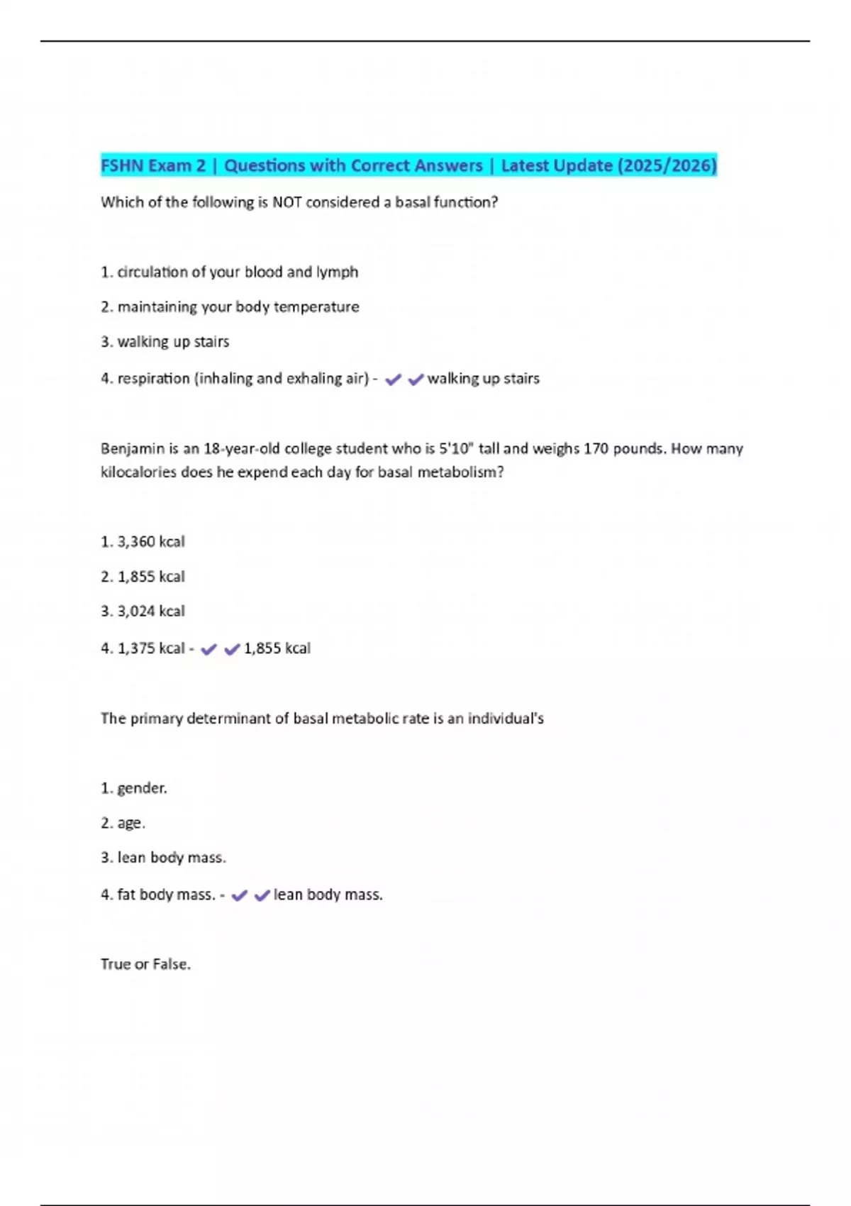 FSHN Exam 2 | Questions with Correct Answers | Latest Update (2025/2026 ...