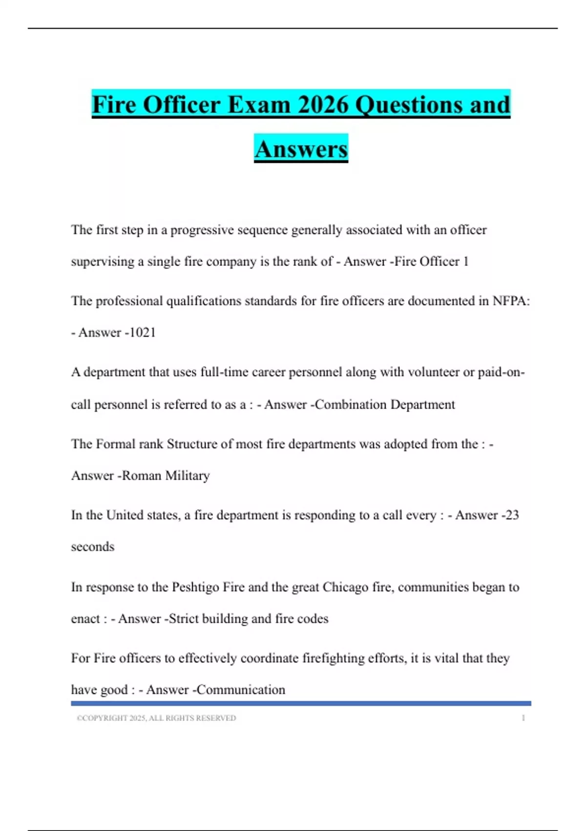 Fire Officer Exam 2026 Questions and Answers - Fire Officer 1 - Stuvia US