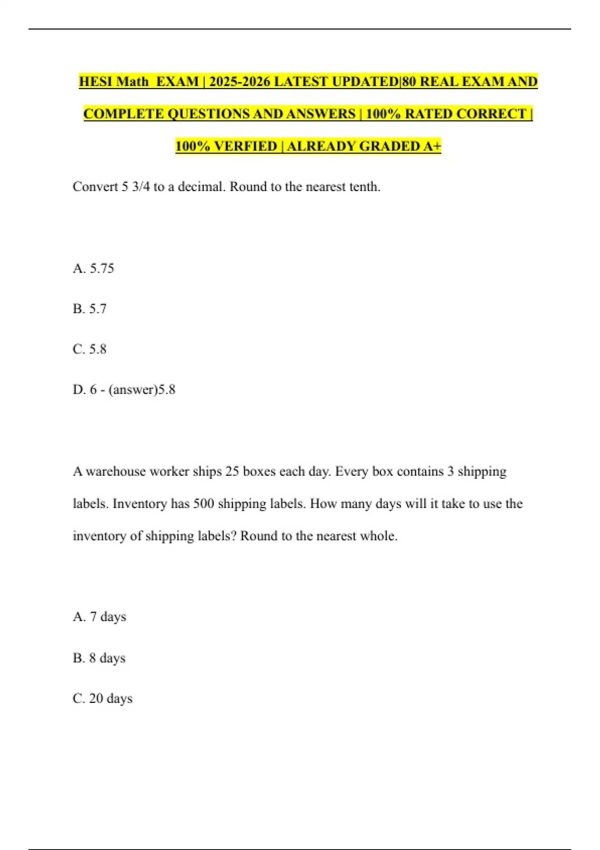 HESI Math EXAM | LATEST UPDATED|80 REAL EXAM AND COMPLETE QUESTIONS AND ...