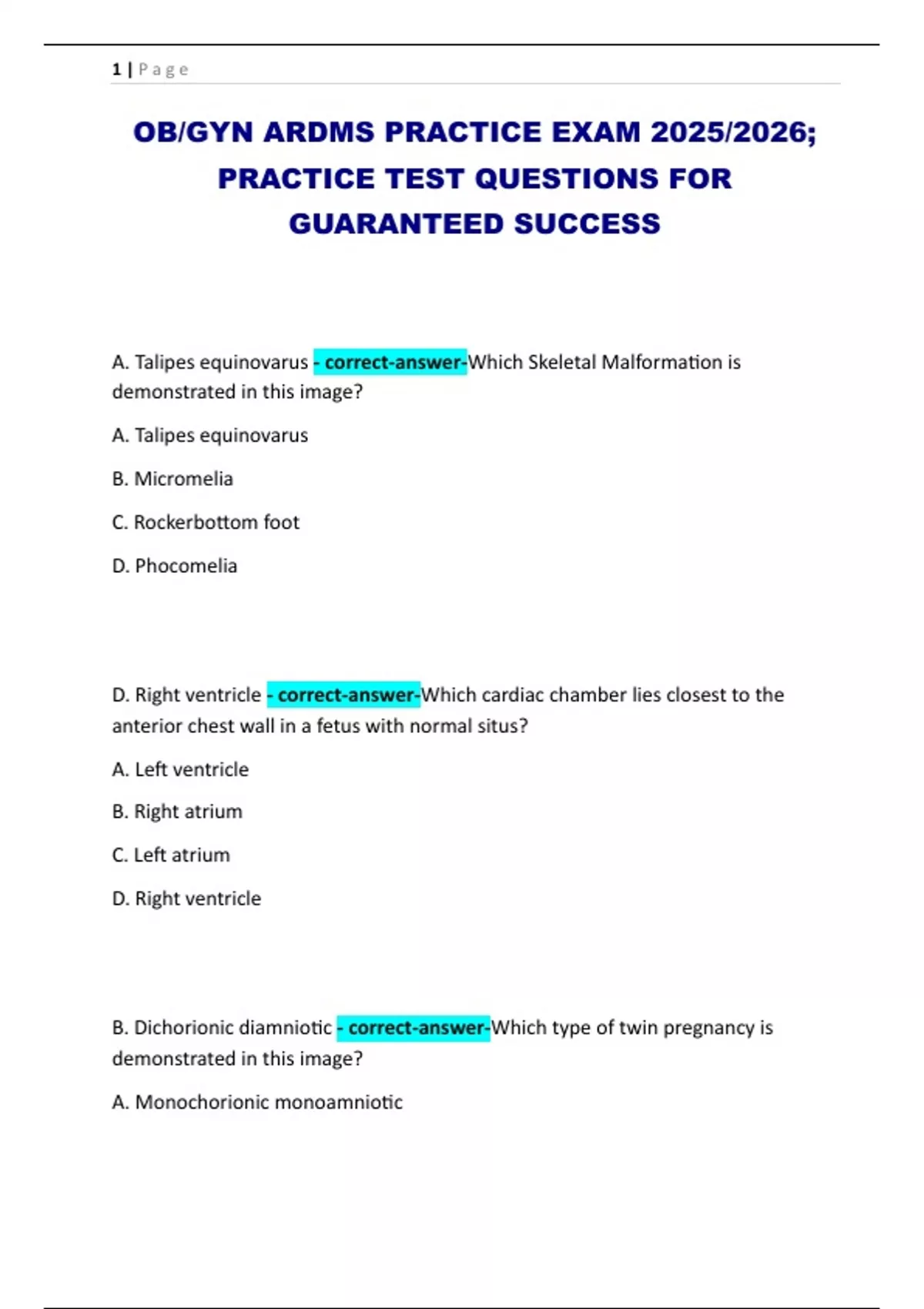 OB/GYN ARDMS PRACTICE EXAM 2025/2026; PRACTICE TEST QUESTIONS FOR ...
