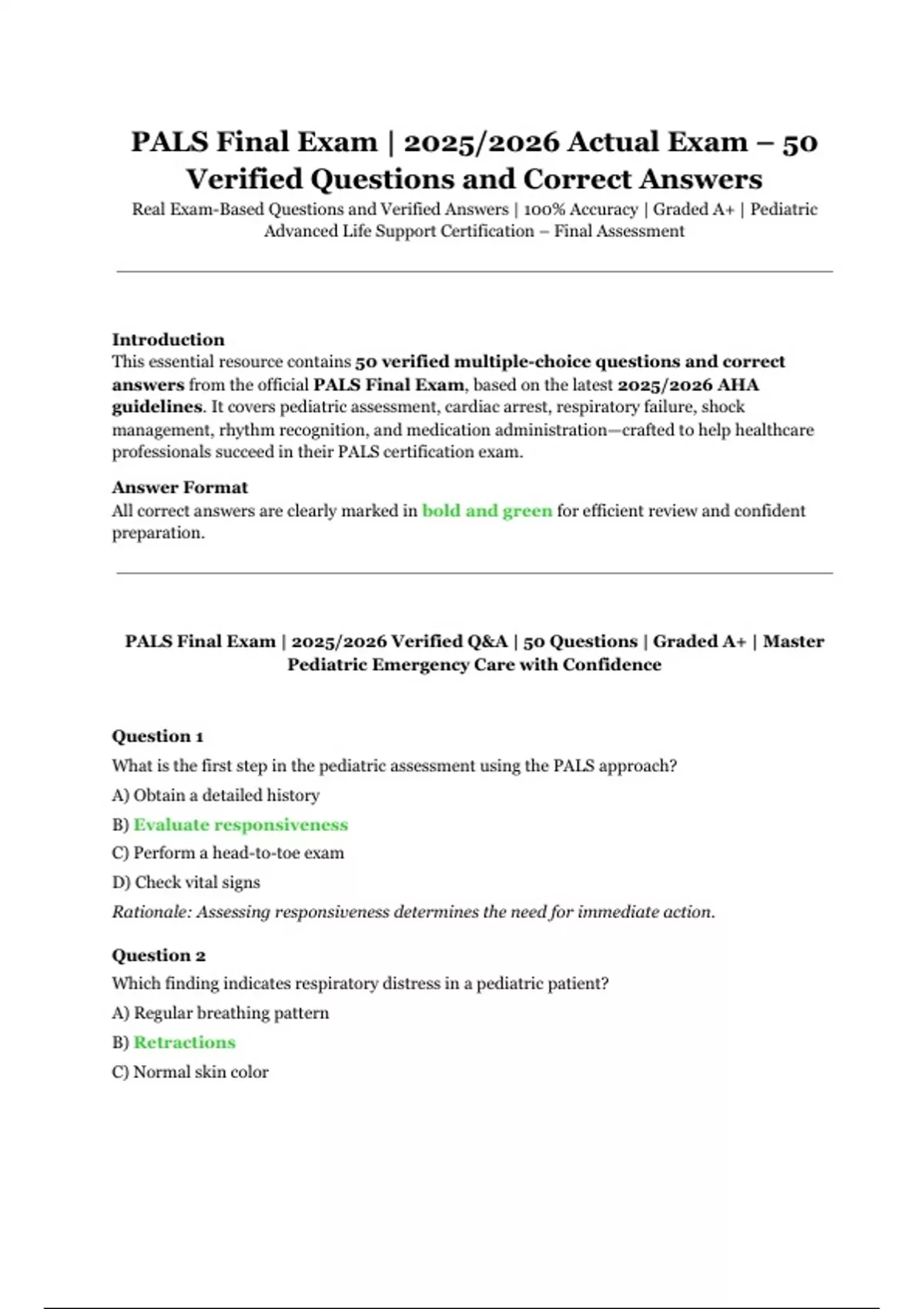 PALS Final Exam | 2025/2026 Actual Exam – 50 Verified Questions and Correct Answers | Pediatric ...