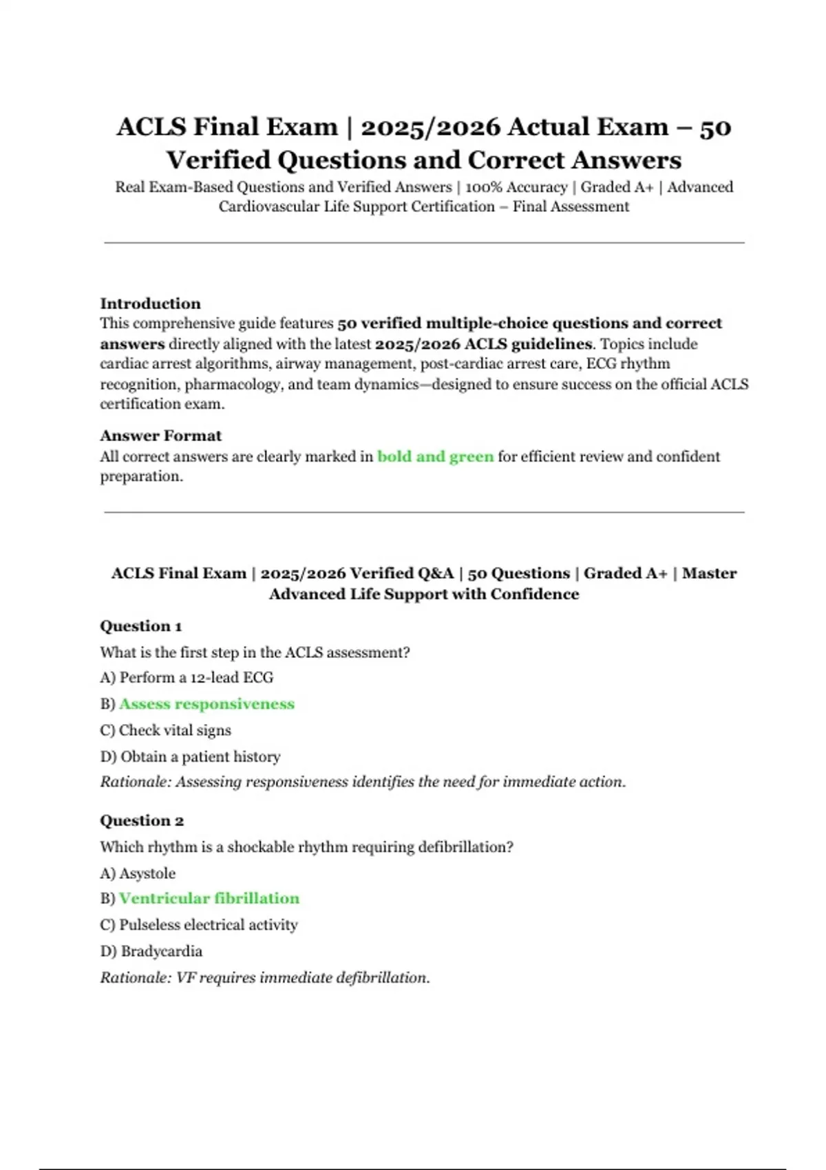 ACLS Final Exam | 2025/2026 Actual Exam – 50 Verified Questions and Correct Answers | Advanced ...