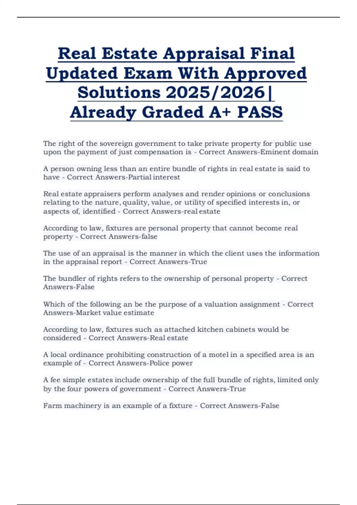 Real Estate Appraisal Final Updated Exam 2025/2026 – Approved Solutions ...