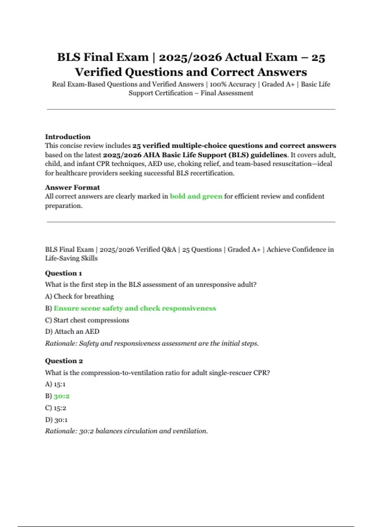 BLS Final Exam | 2025/2026 Actual Exam – 25 Verified Questions and ...