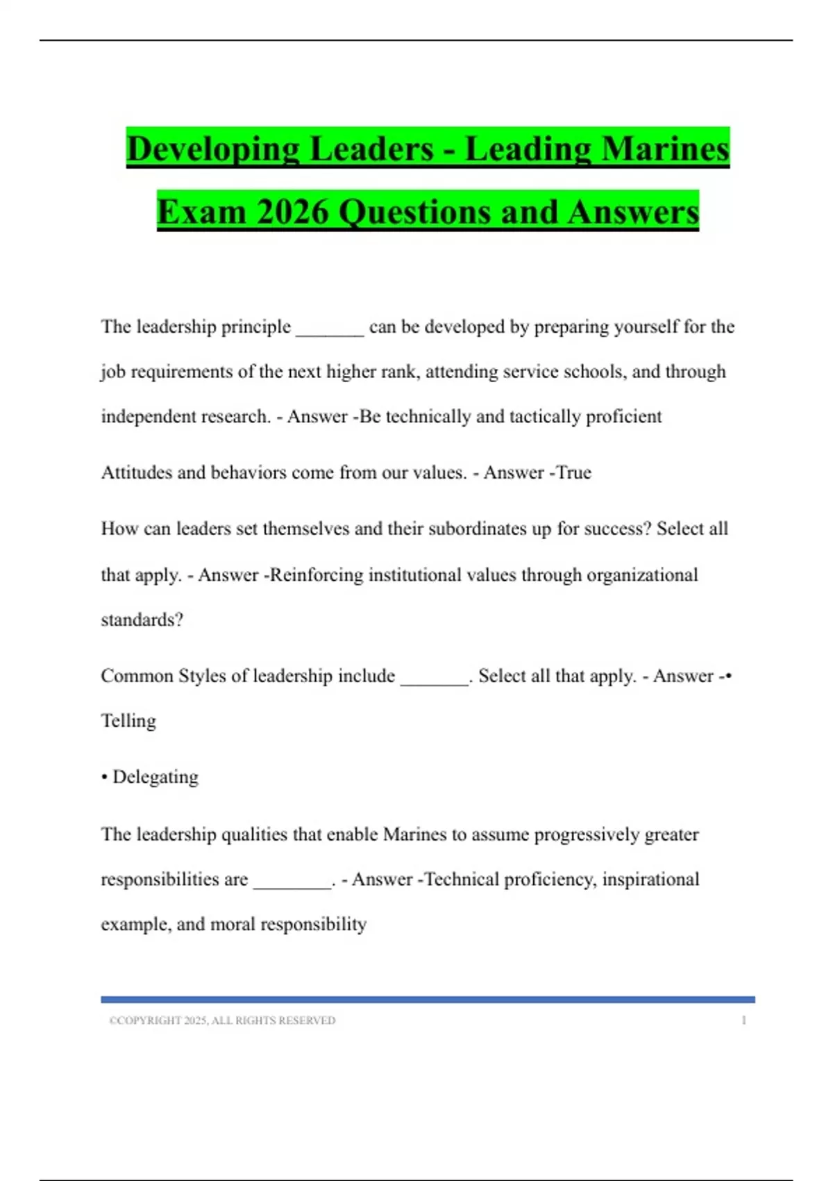 Developing Leaders - Leading Marines Exam 2026 Questions and Answers ...