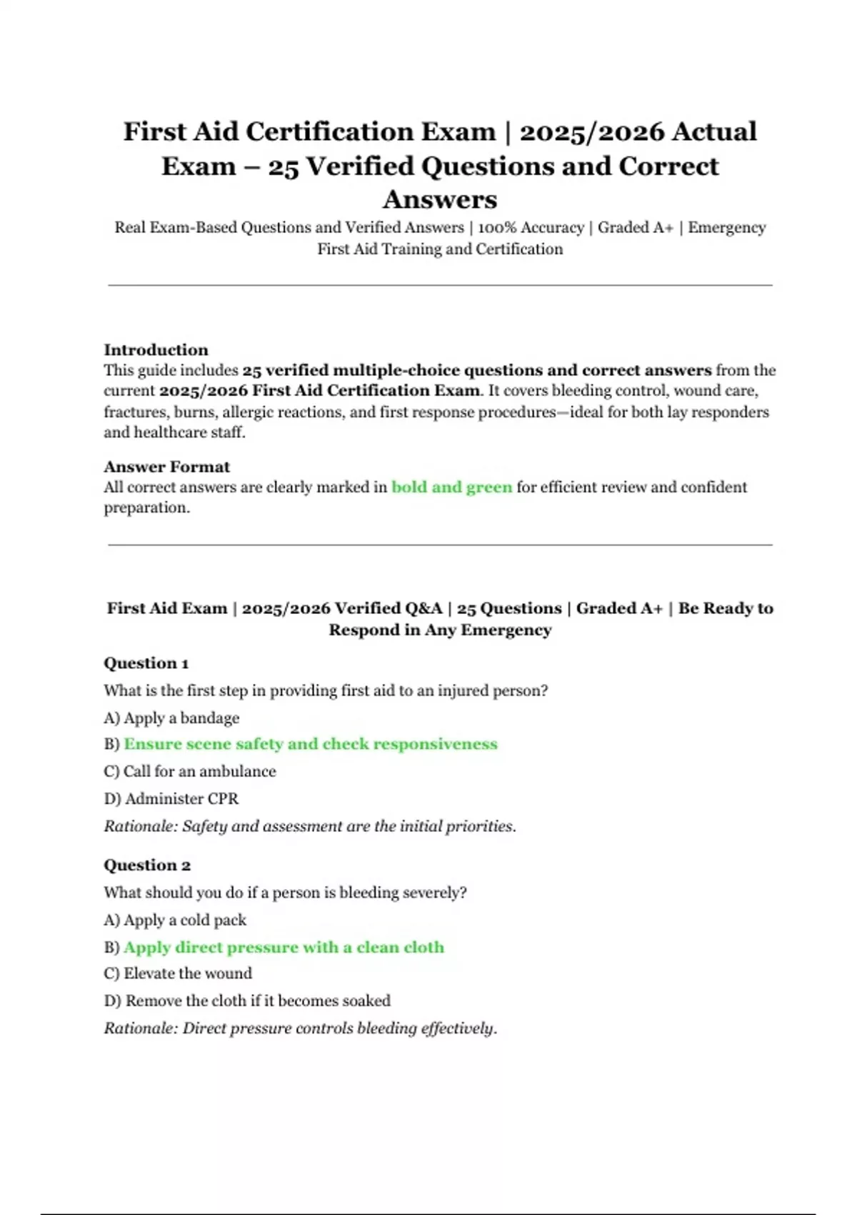 First Aid Certification Exam | 2025/2026 Actual Exam – 25 Verified ...