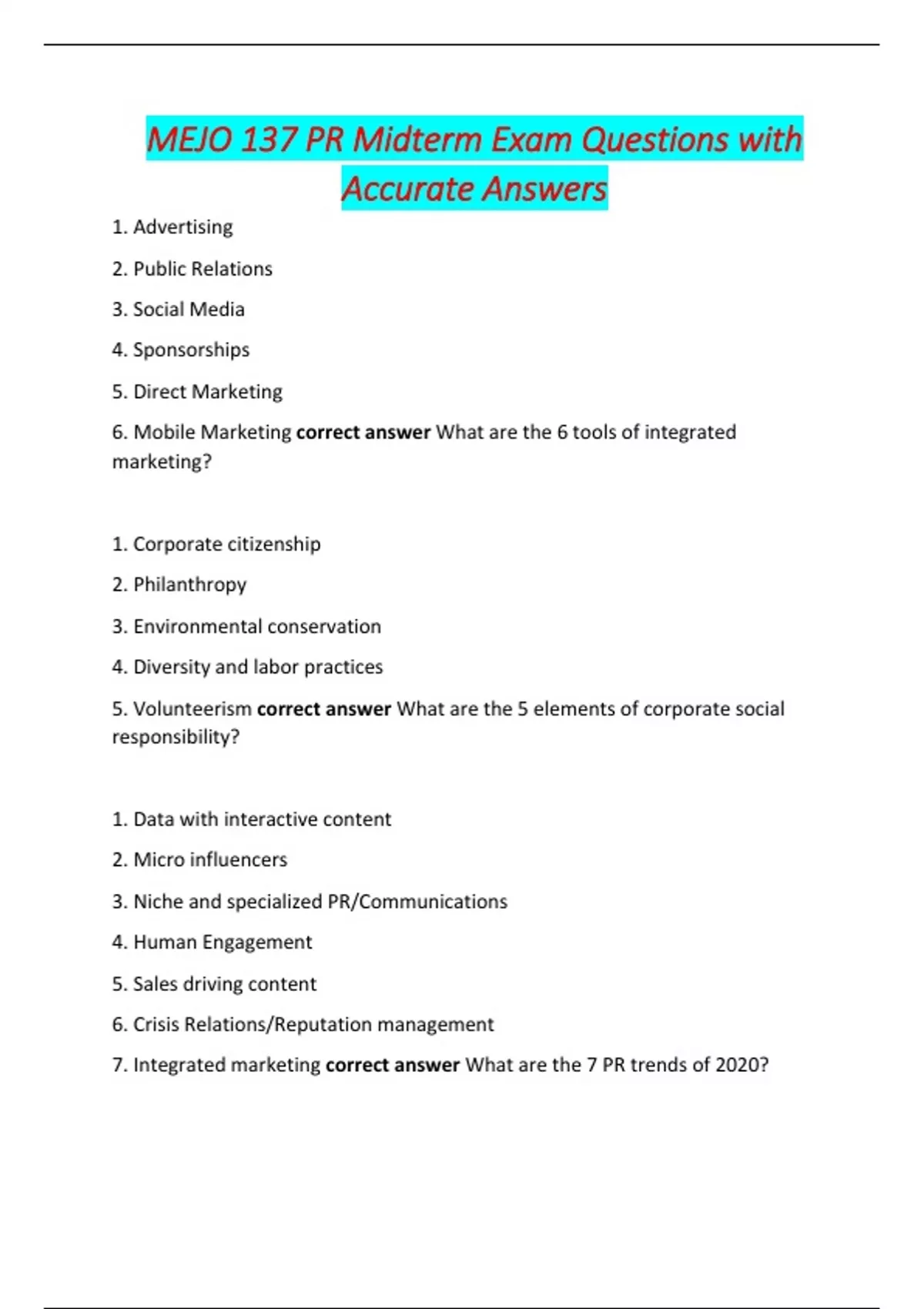 MEJO 137 PR Midterm Exam Questions with Accurate Answers - Lit - Stuvia US