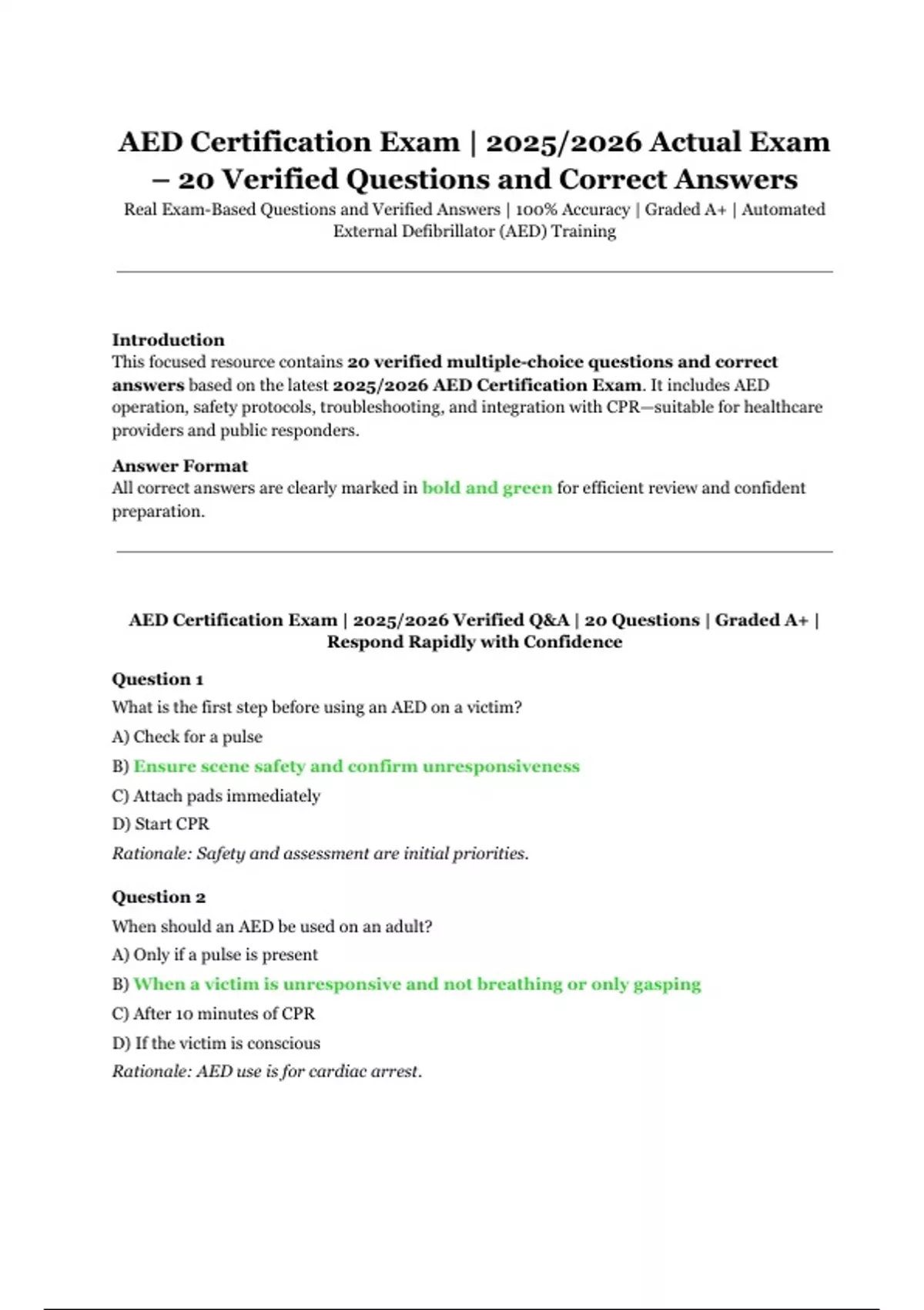AED Certification Exam | 2025/2026 Actual Exam – 20 Verified Questions and Correct Answers ...