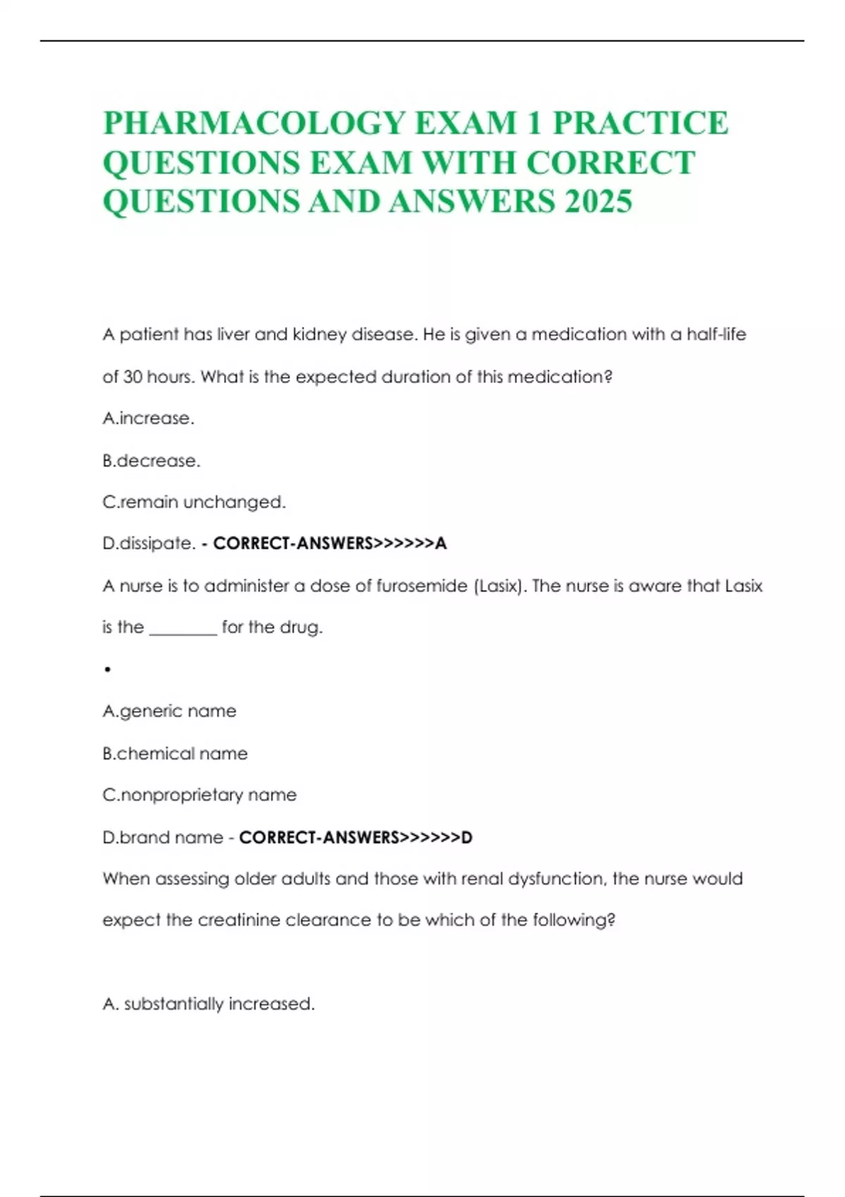 PHARMACOLOGY EXAM 1 PRACTICE QUESTIONS EXAM WITH CORRECT QUESTIONS AND ...