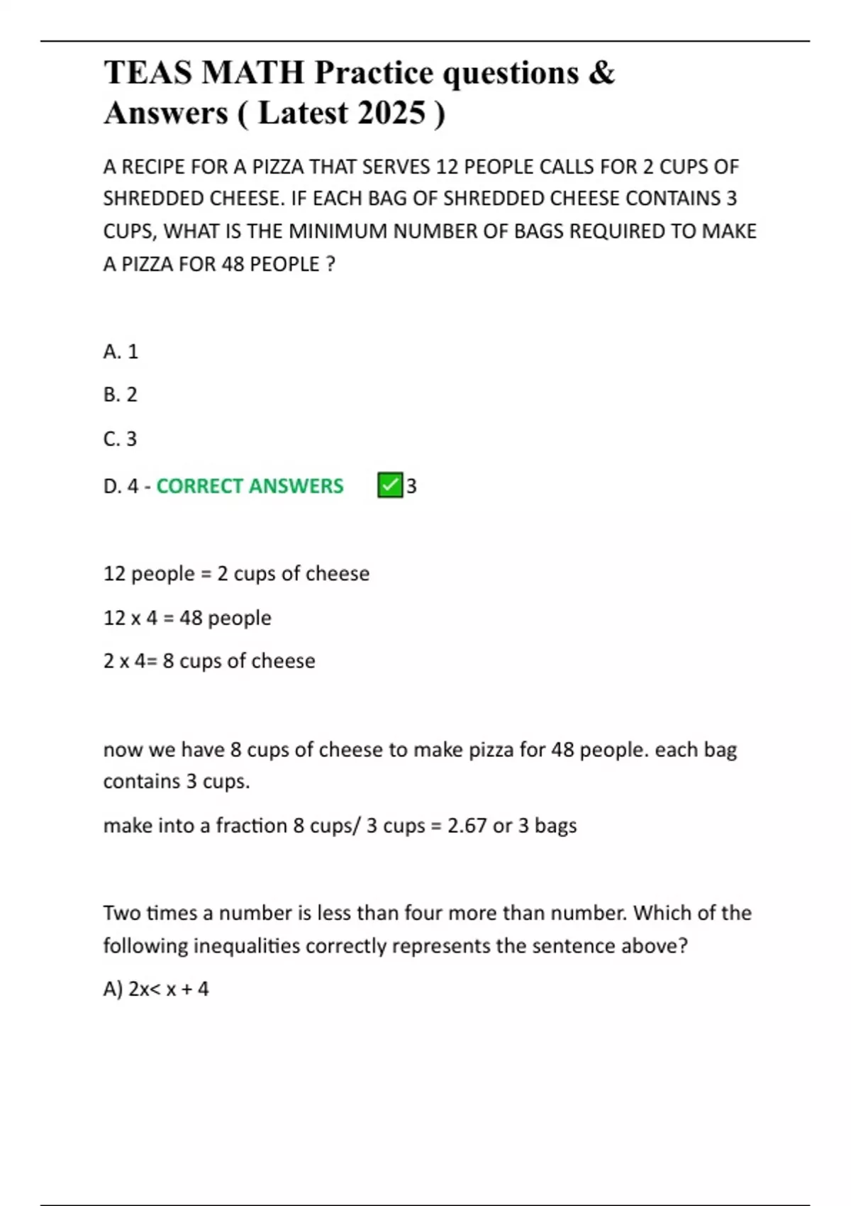 TEAS MATH Practice questions & Answers ( Latest 2025 ).docx - CDL ...