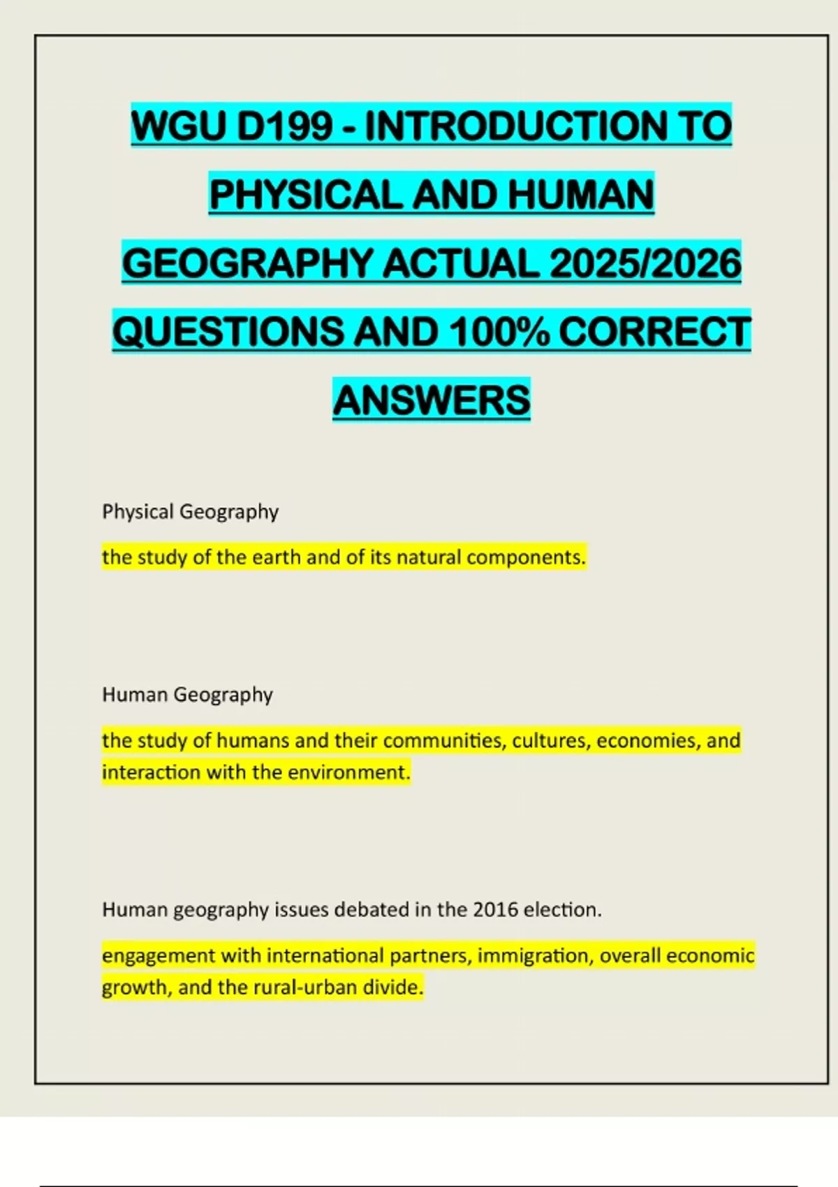 WGU D199 - INTRODUCTION TO PHYSICAL AND HUMAN GEOGRAPHY ACTUAL 2025/ ...