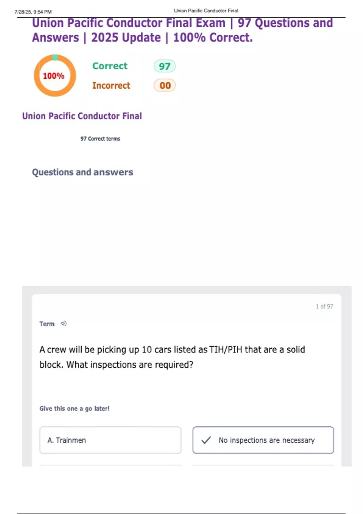 Union Pacific Conductor Final Exam | 97 Questions and Answers | 2025 ...