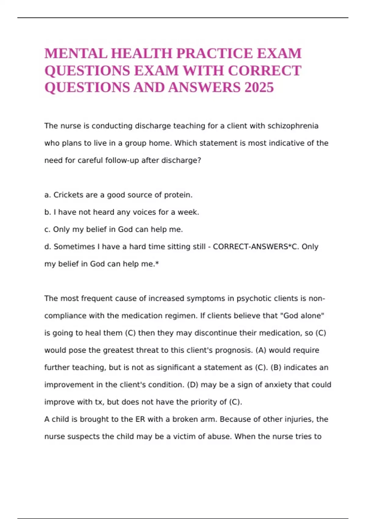 MENTAL HEALTH EXAM 1 - PRACTICE QUESTIONS EXAM WITH CORRECT QUESTIONS ...