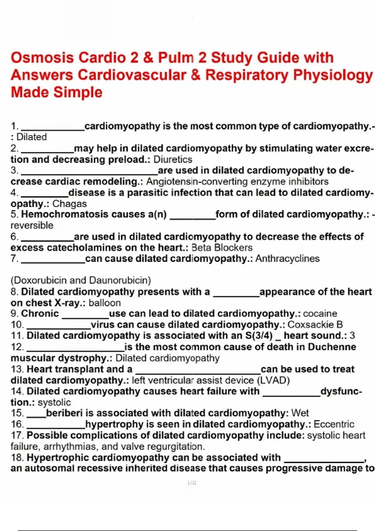 Osmosis Cardio 2 & Pulm 2 Study Guide with Answers Cardiovascular ...