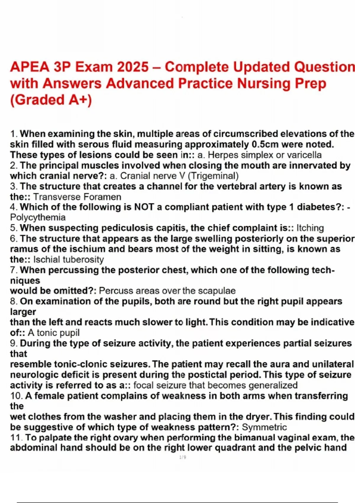 APEA 3P Exam 2025 – Complete Updated Questions with Answers Advanced Practice Nursing Prep ...
