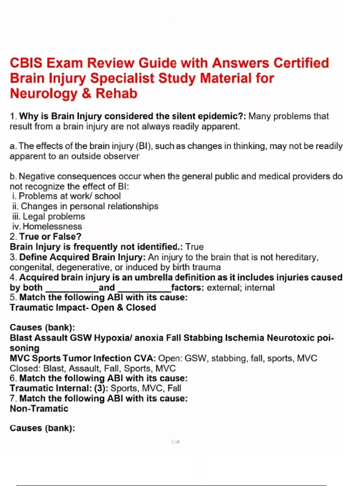 CBIS Exam Review Guide with Answers Certified Brain Injury Specialist ...