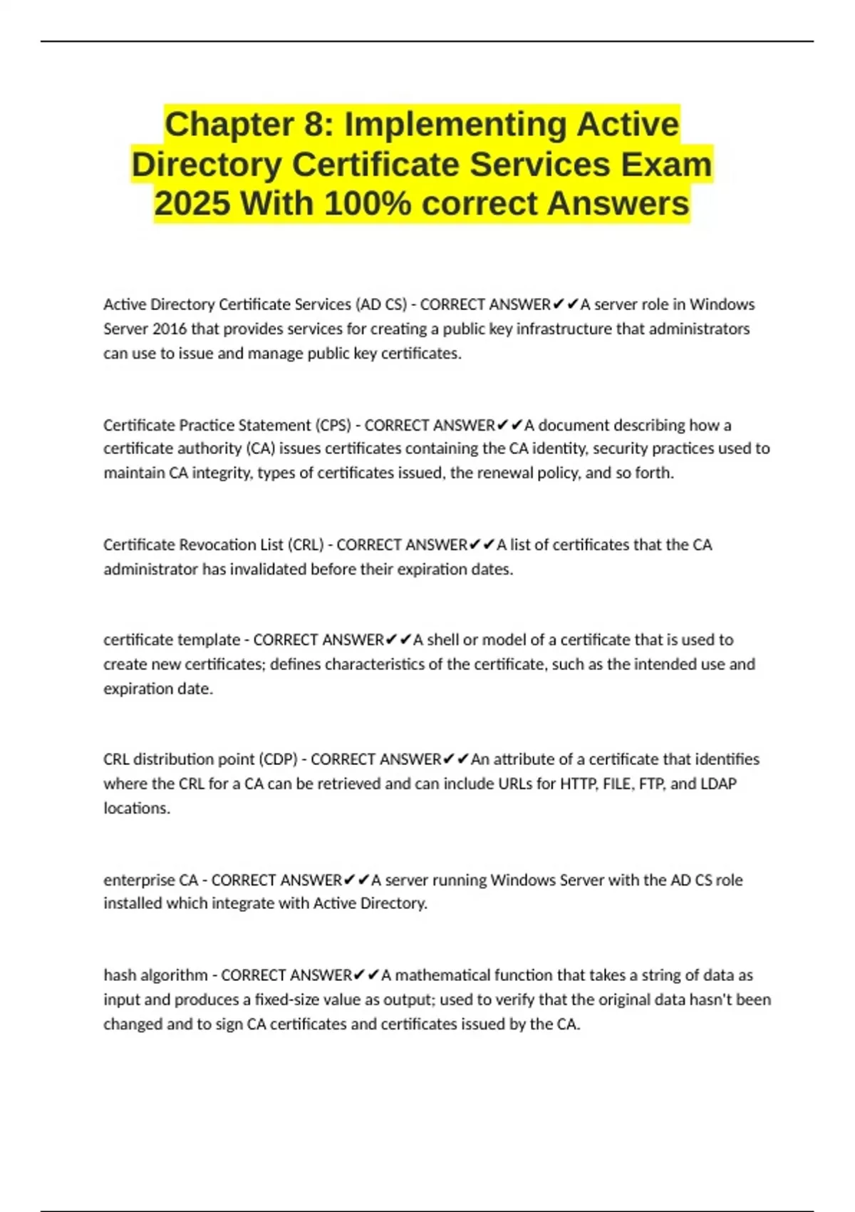 Chapter 8: Implementing Active Directory Certificate Services Exam 2025 With 100% correct ...
