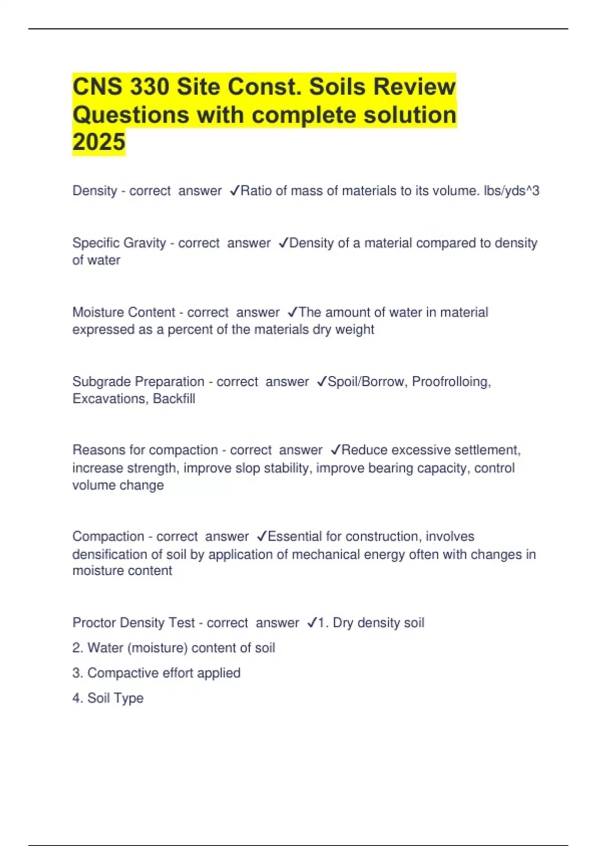 CNS 330 Site Const. Soils Review Questions with complete solution 2025 ...