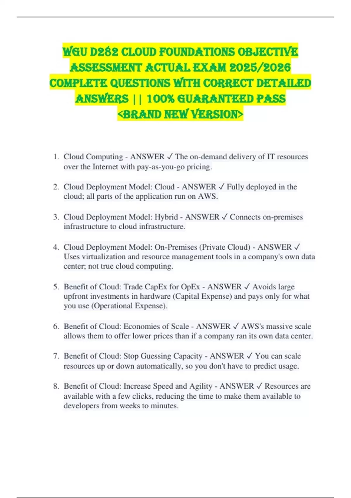 WGU D282 Cloud Foundations OBJECTIVE ASSESSMENT ACTUAL EXAM 2025/2026 COMPLETE QUESTIONS WITH ...