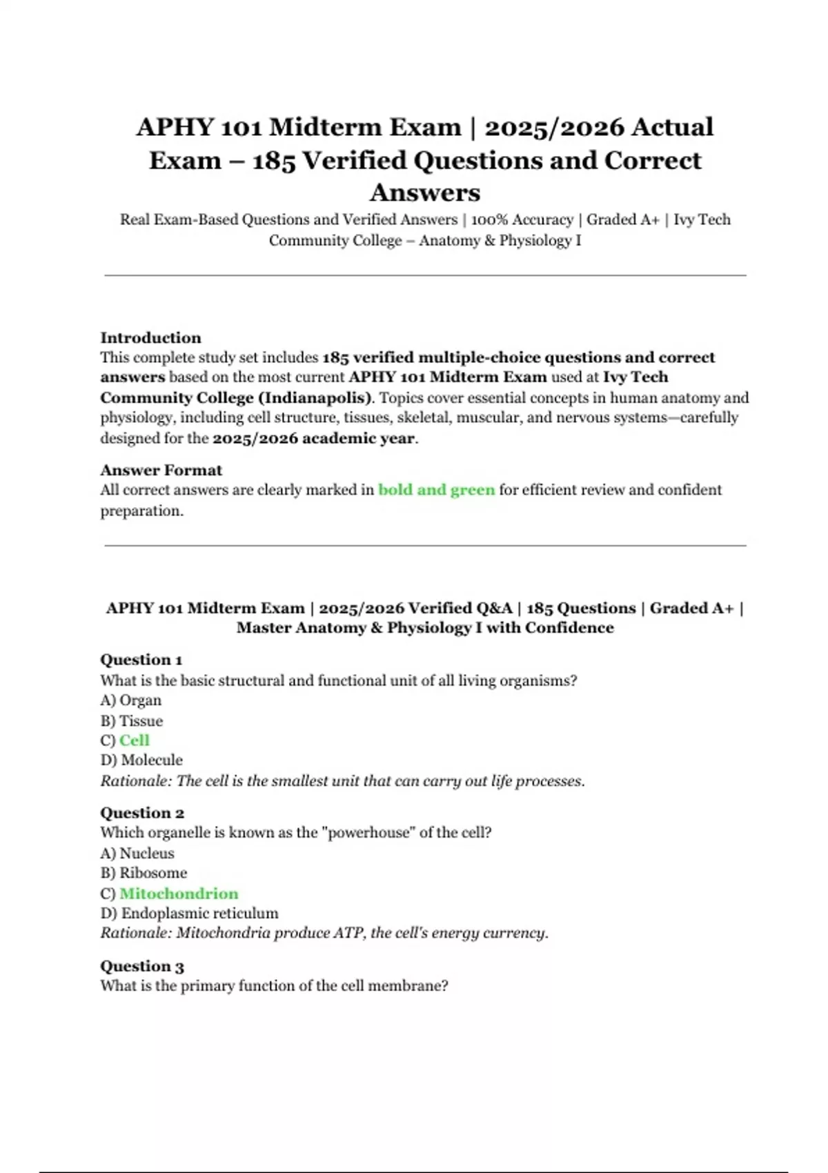 APHY 101 Midterm Exam | 2025/2026 Actual Exam – 185 Verified Questions and Correct Answers | Ivy ...